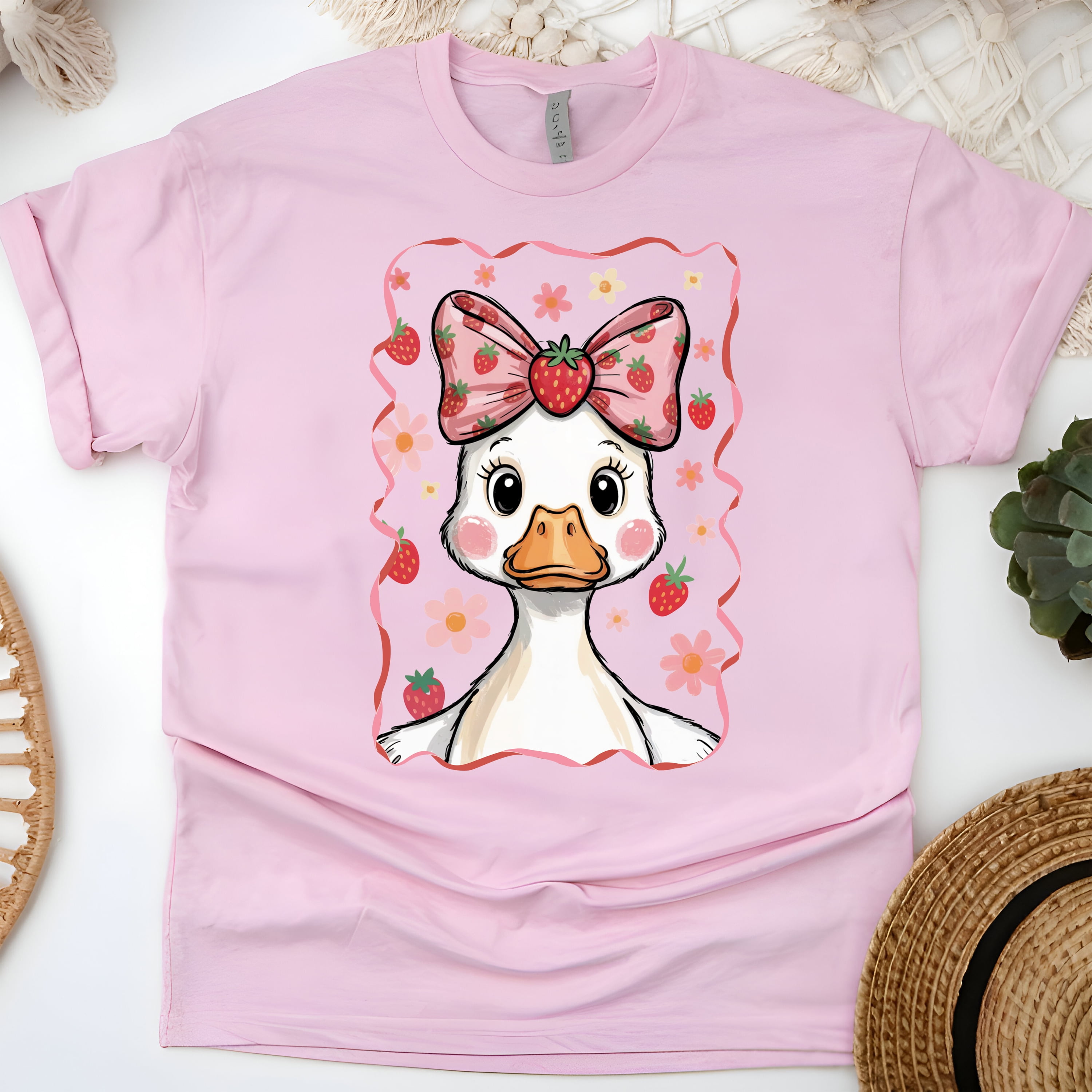 Strawberry Duck Shirt for Women and Kids, Cute Bow and Blush Face ...