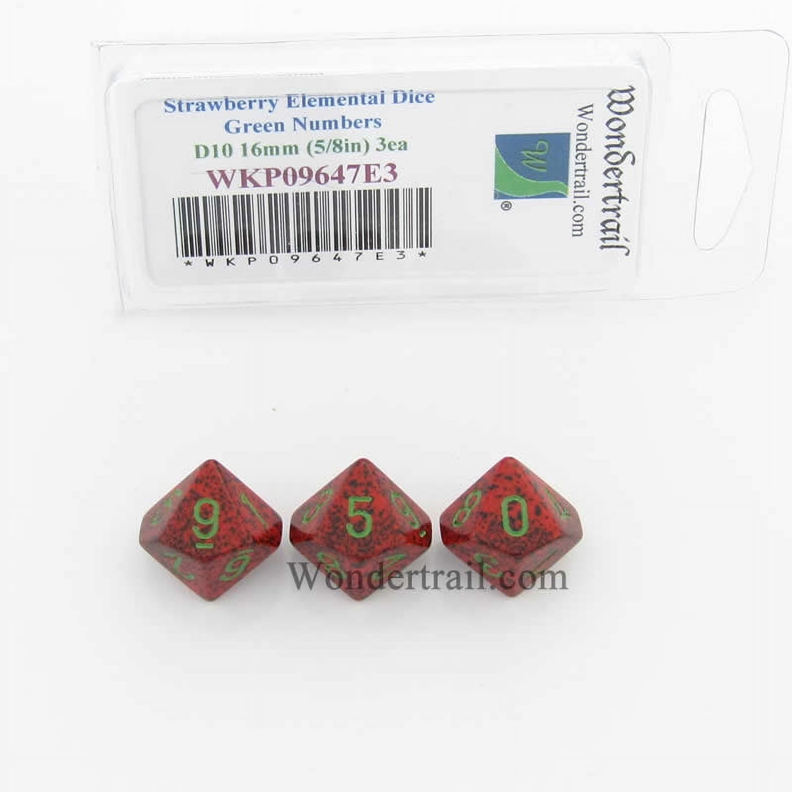 Strawberry Elemental Dice with Green Numbers D10 16mm (5/8in) Pack of 3 ...