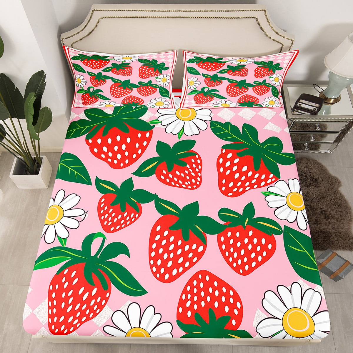Strawberry Fitted Sheet Farm Fruit Bed Sheets Full,Flowers Sheets Green ...