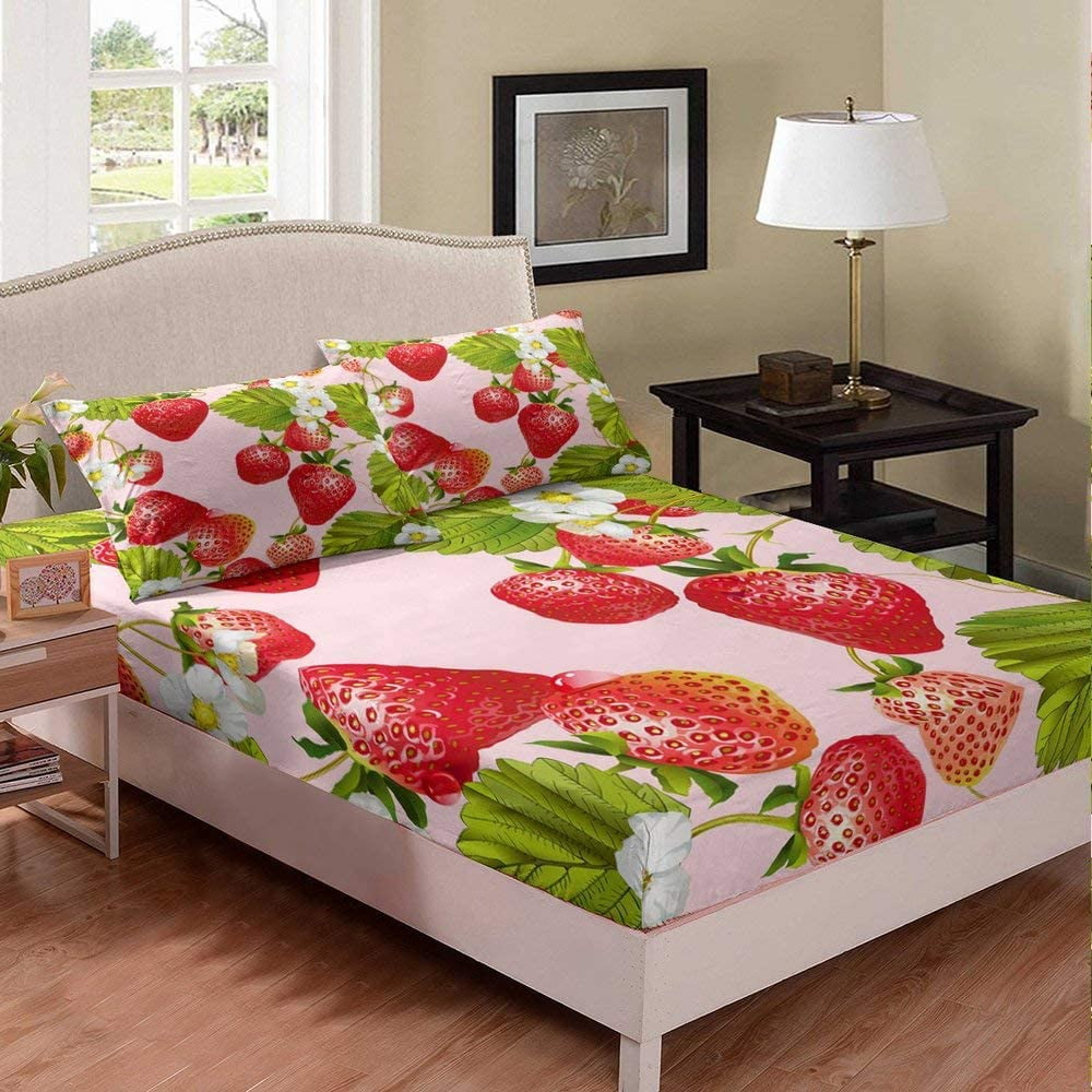 Strawberry Fitted Sheet Food Fruit Bedding Set Summer Theme Bed Cover ...