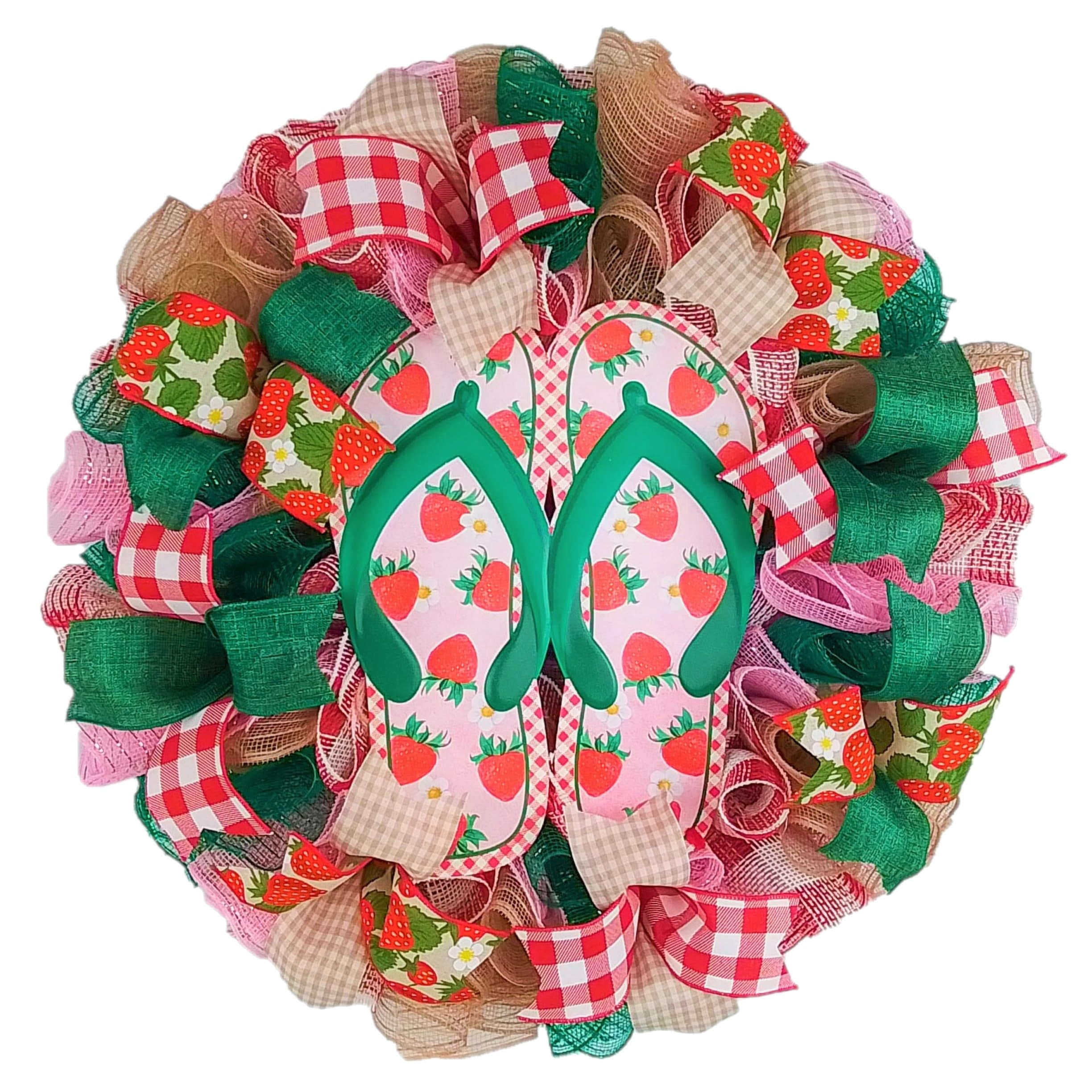 Strawberry Flip Flop Wreath - Spring Summer Welcome Deco Mesh Decor ...