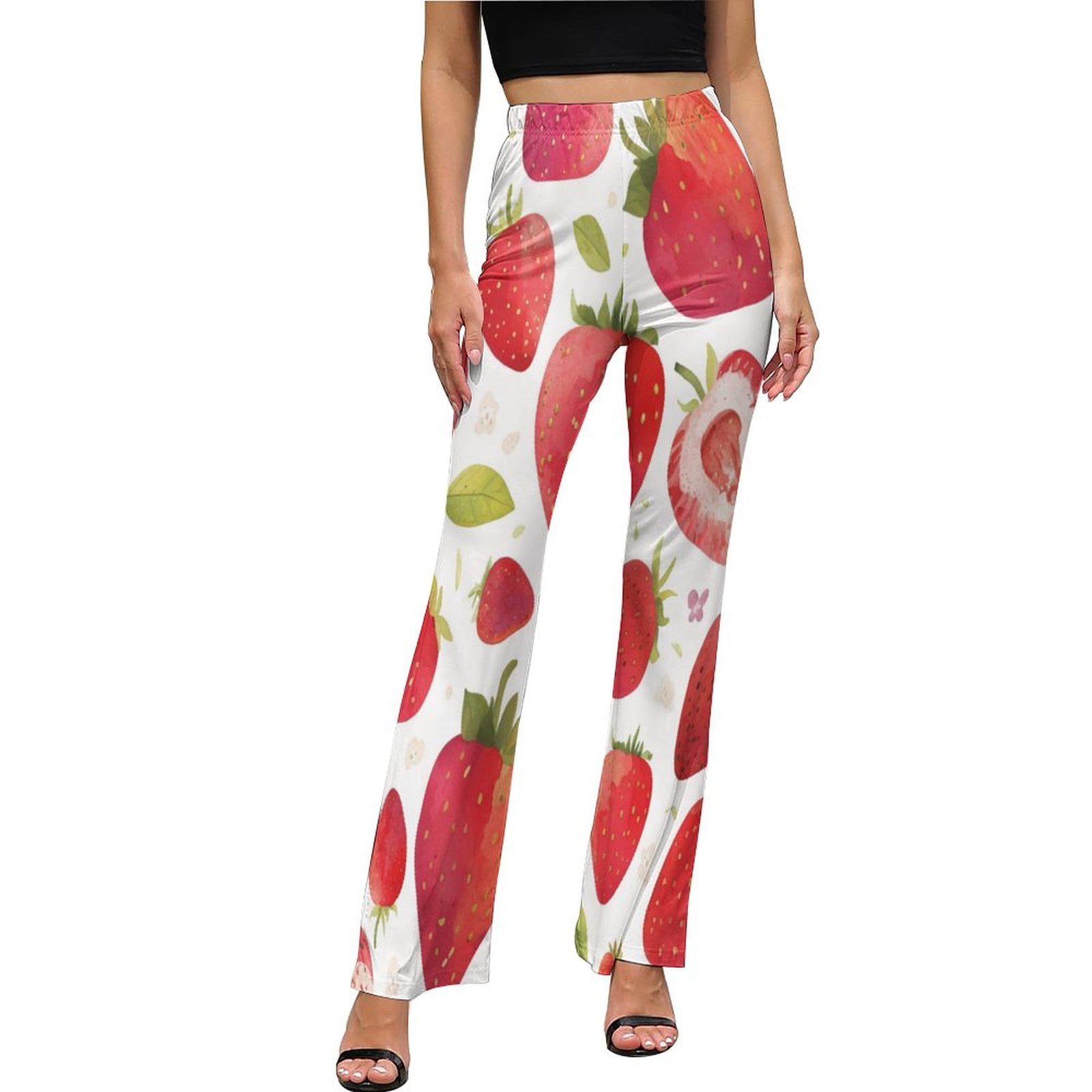 Strawberry Fruit Watercolor High Waisted Casual Flared Trousers Summer ...