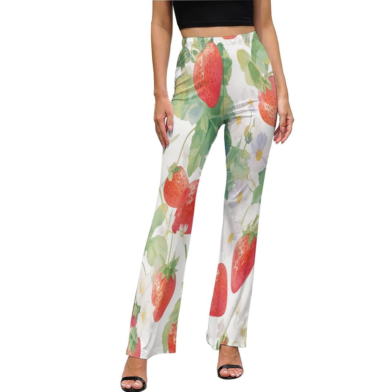 Strawberry Fruit Watercolor High Waisted Casual Flared Trousers Summer ...