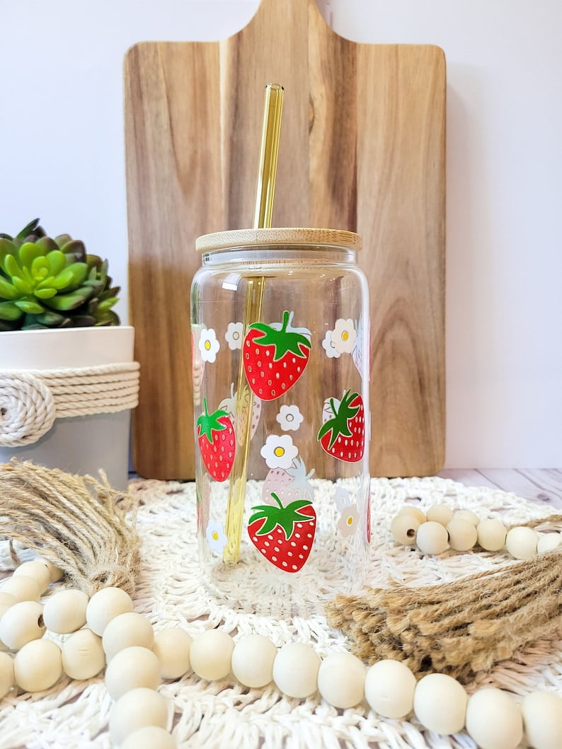 Strawberry Glass Cup, Strawberry Daisy Cup, Floral Tumbler with Straw ...