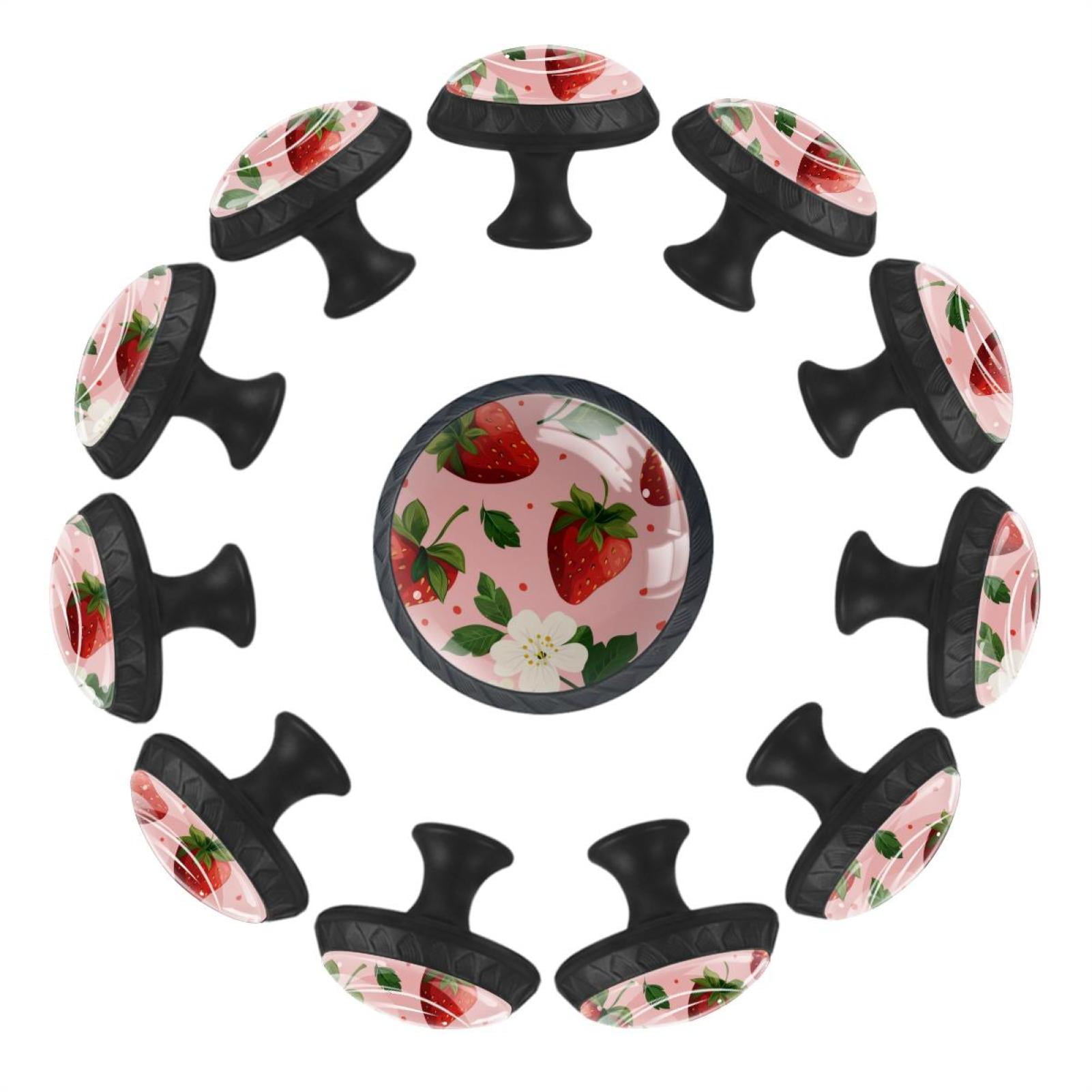 Strawberry with Green Leaves and Flowers 35MM Round Glass Cabinet Knobs ...