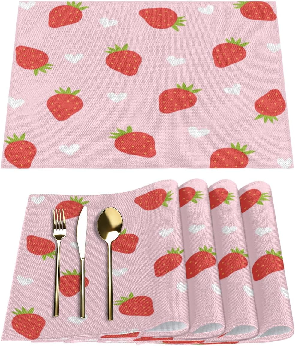 Strawberry Hearts Placemats Set of 6 Fabric Placemats Square Placemat ...
