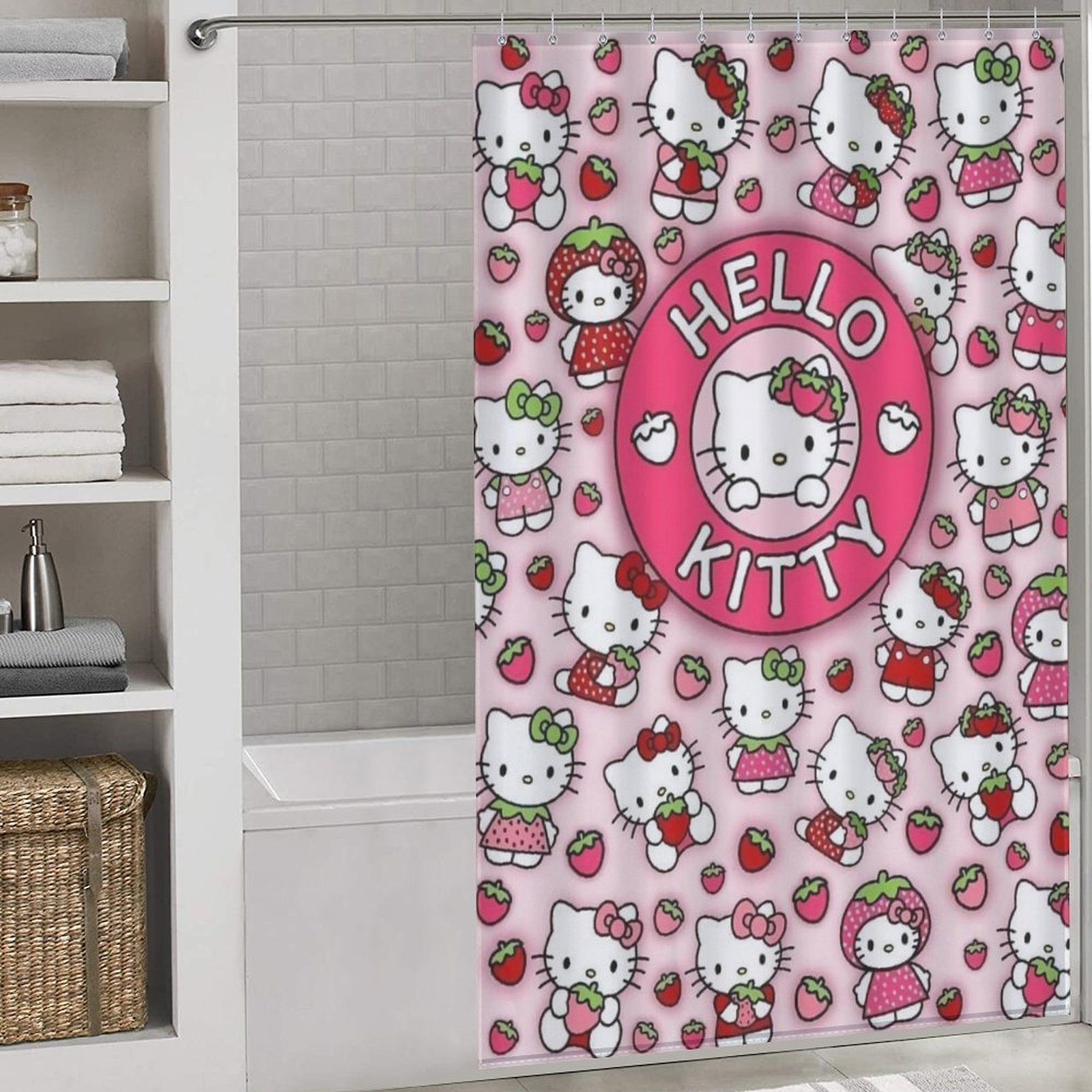 Strawberry Hello Kitty Shower Curtains for Bathroom,Shower Curtain,Cartoon Bath Curtain with 12 ...