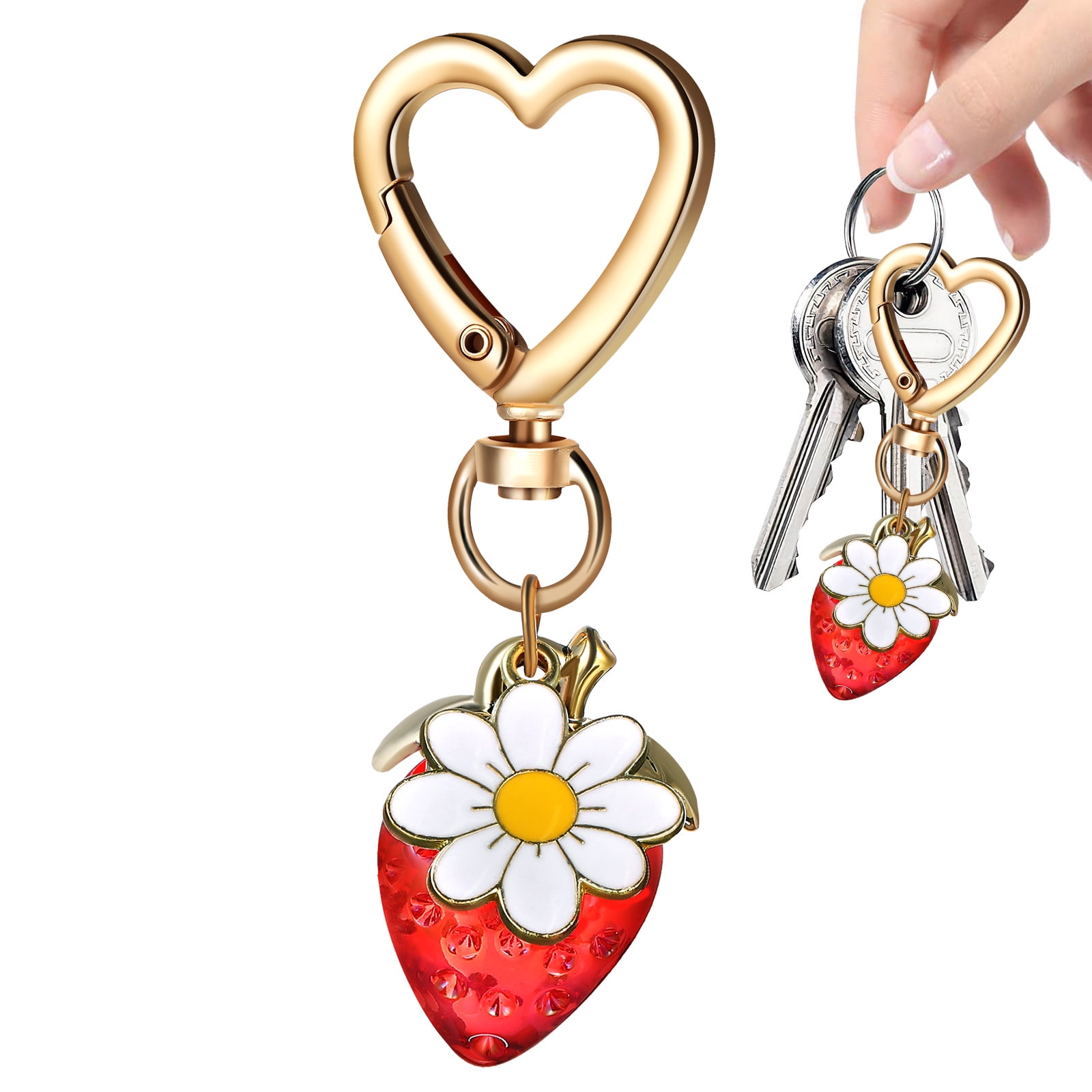 Strawberry Keychain Purse Charm with Heart and Flower Design, Cute ...