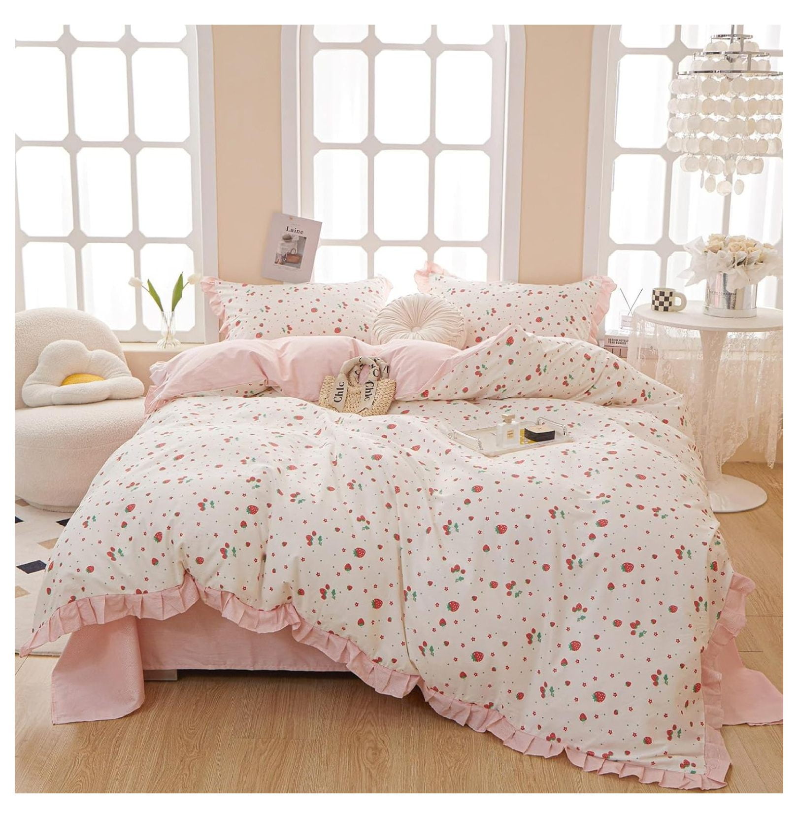 Strawberry King Size Duvet Cover Pink Ruffle Aesthetic Comforter Cover ...
