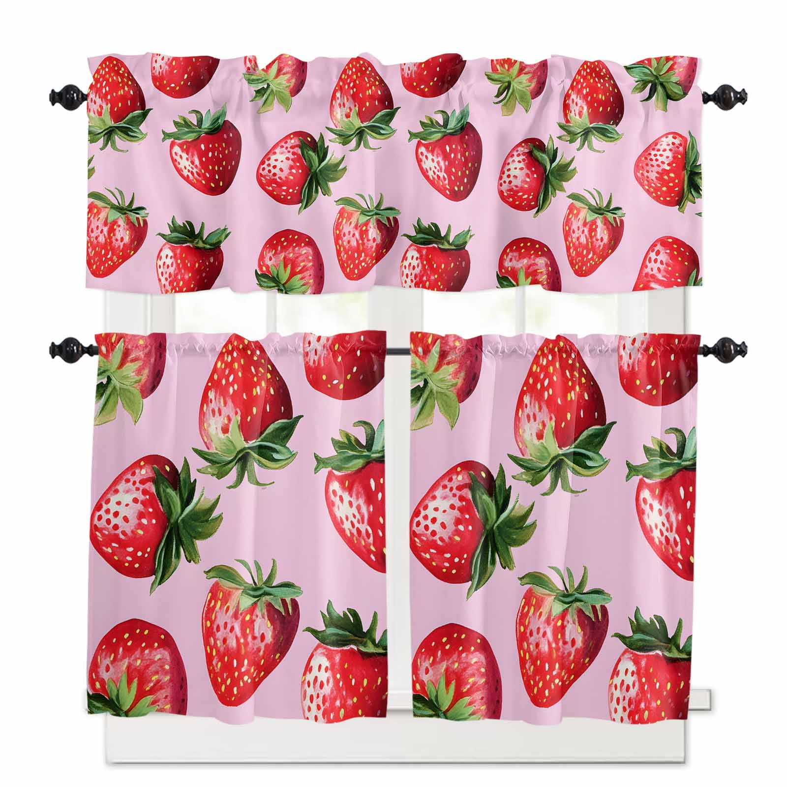 Strawberry Kitchen Curtains Valances and Tiers Set of 3, Watercolor ...