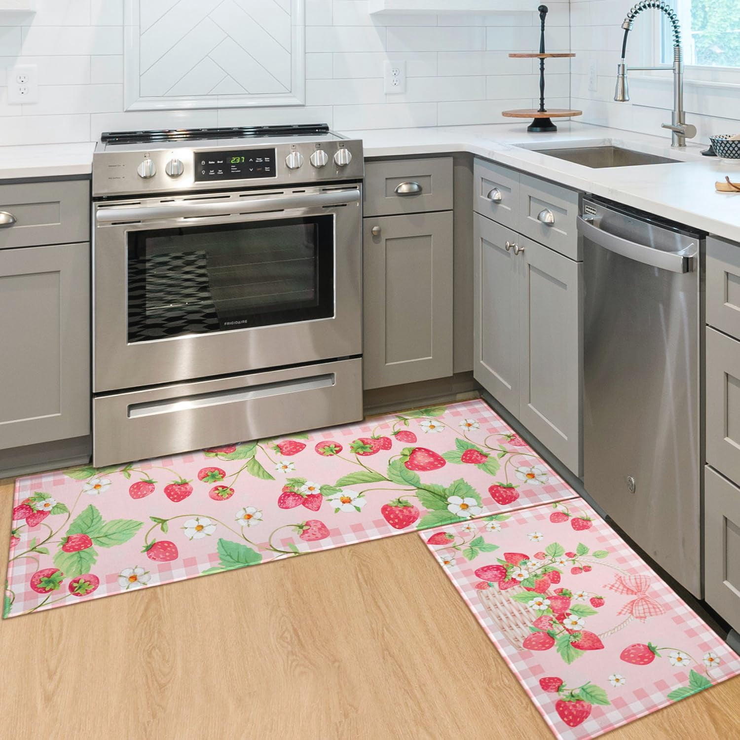 Strawberry Kitchen Mats for Floor, Kawaii Cute Strawberry Flower Plaid ...