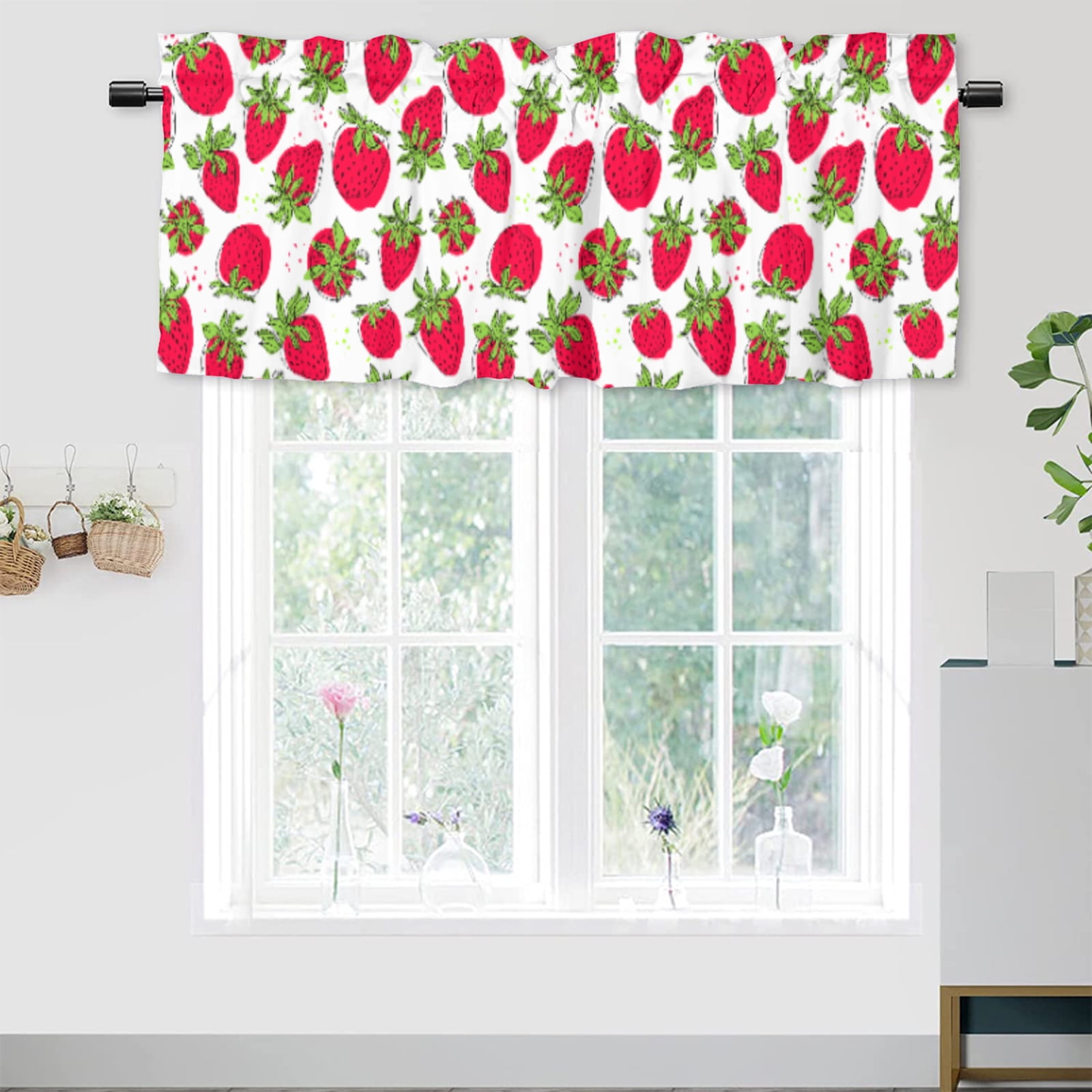Strawberry Kitchen Valance red Fruit and Green Leaves Cool Summer Theme ...