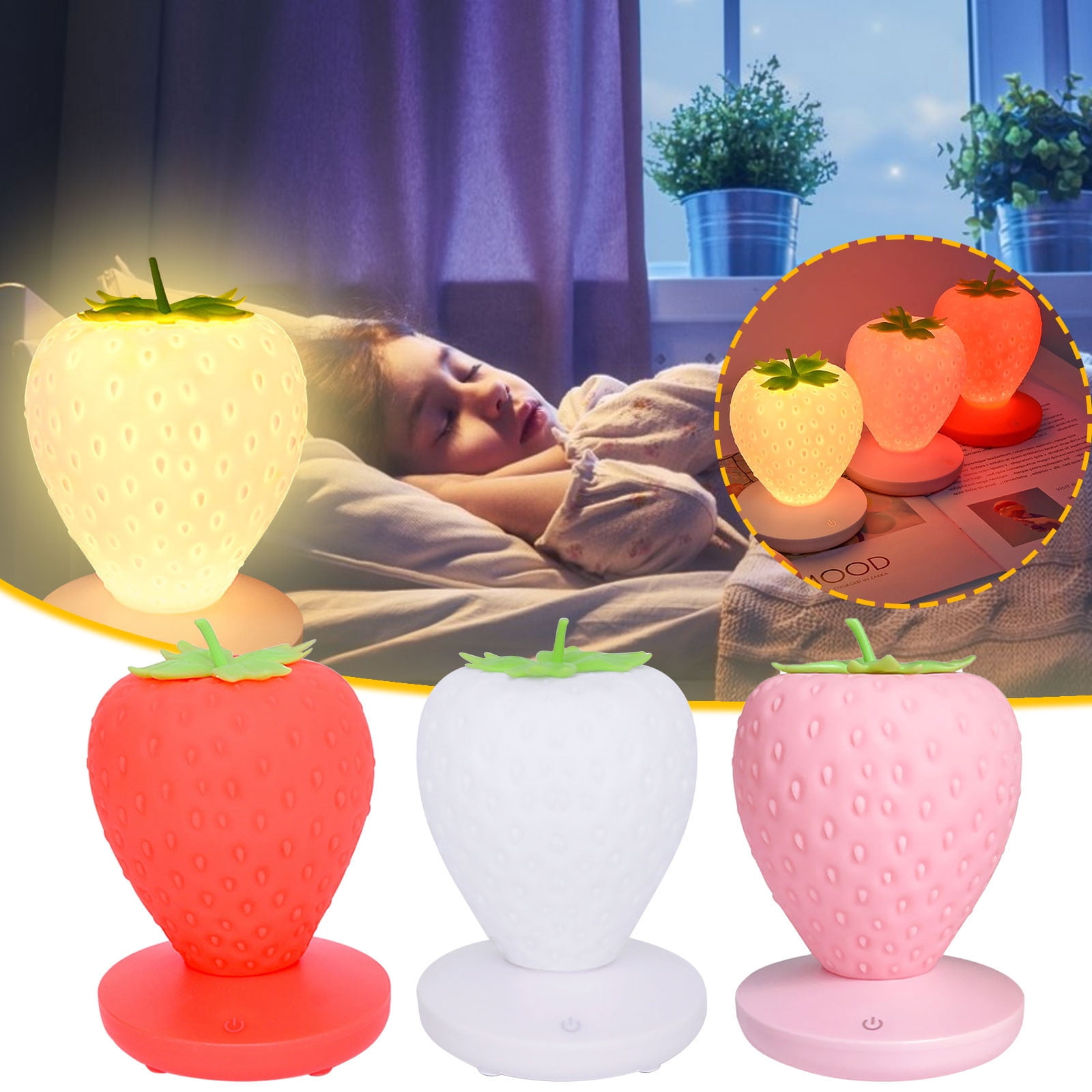 Strawberry Night Light LED Touch Table Lamp, USB Rechargeable Kids ...