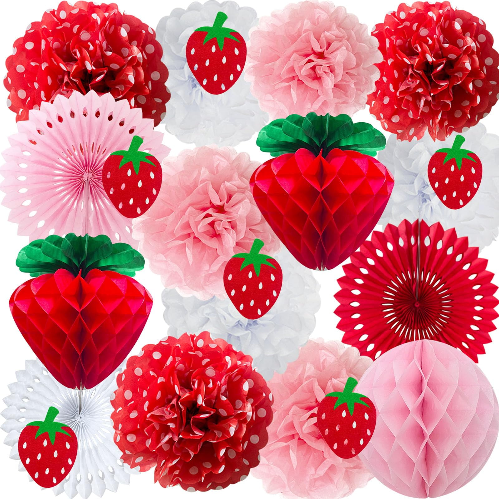 Strawberry Party Decorations Red Pink White Tissue Pom Poms Fans ...
