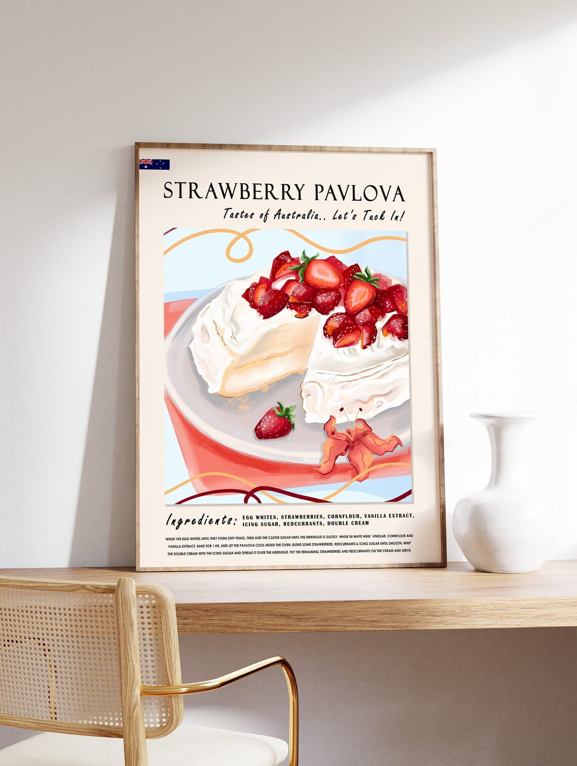 Strawberry Pavlova Food Poster, Dessert Art, Recipe Poster, Kitchen ...