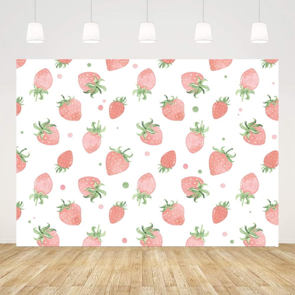 Strawberry Photo Backdrop Pink Watercolor Baby Shower Birthday Party ...