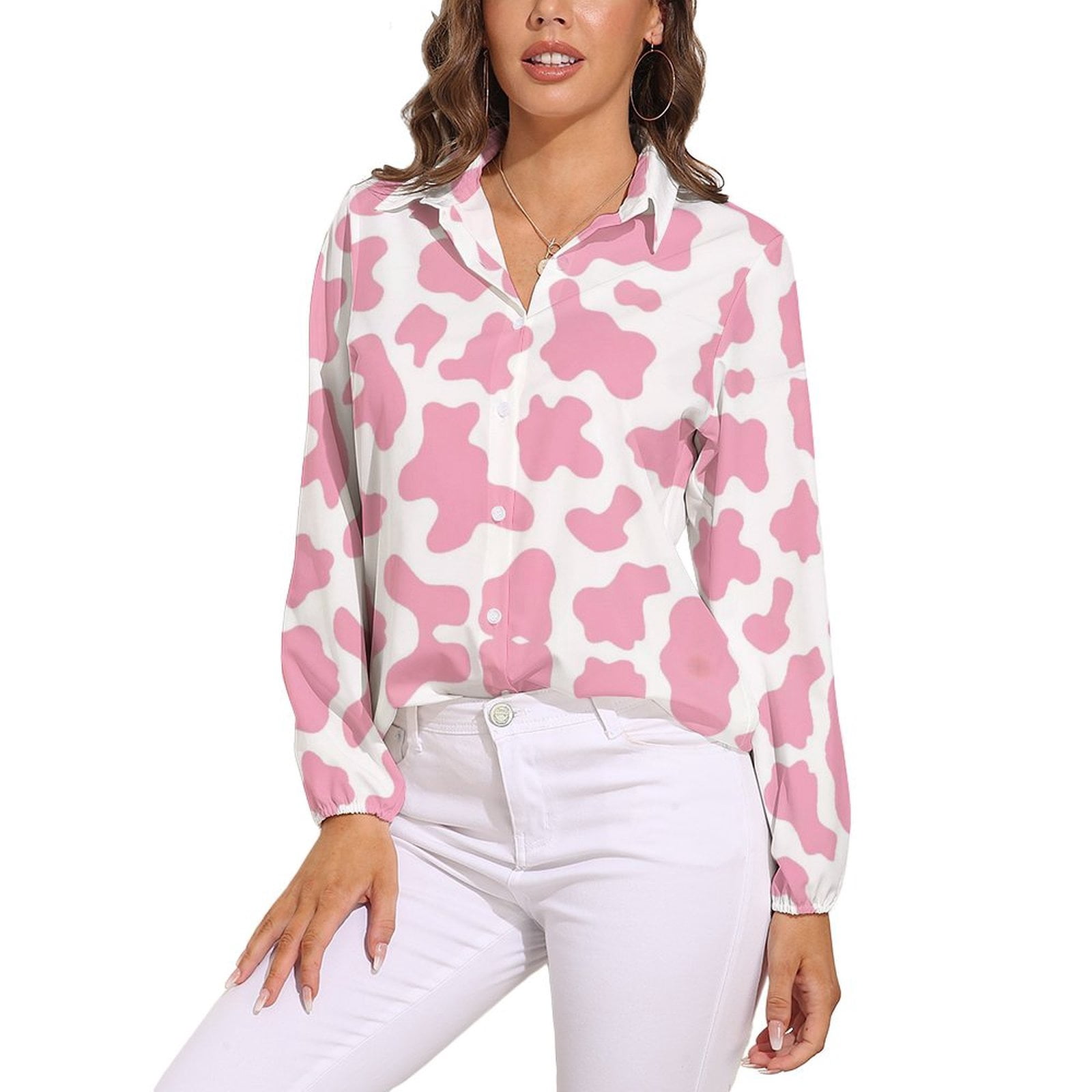 Strawberry Pink Cow Print Pattern Long Sleeve Blouse Woman Streetwear ...