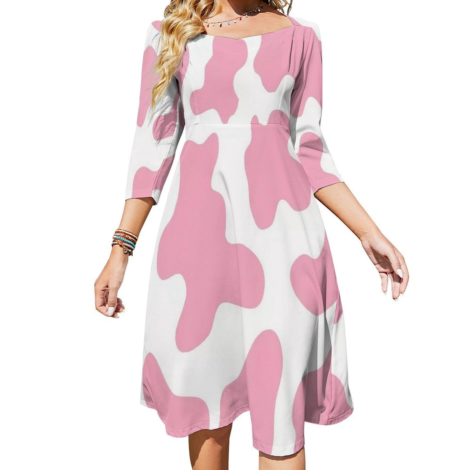 Strawberry Pink Cow Print Pattern Sweetheart Knot Flared Dress Fashion ...