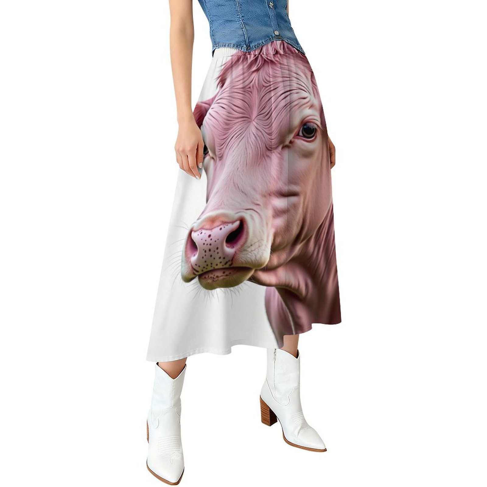 Strawberry Pink Highland Cow Pattern Women High Waist Midi Skirt ...