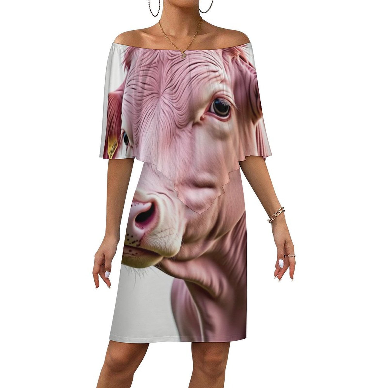 Strawberry Pink Highland Cow Pattern Women's Off The Shoulder Ruffles ...