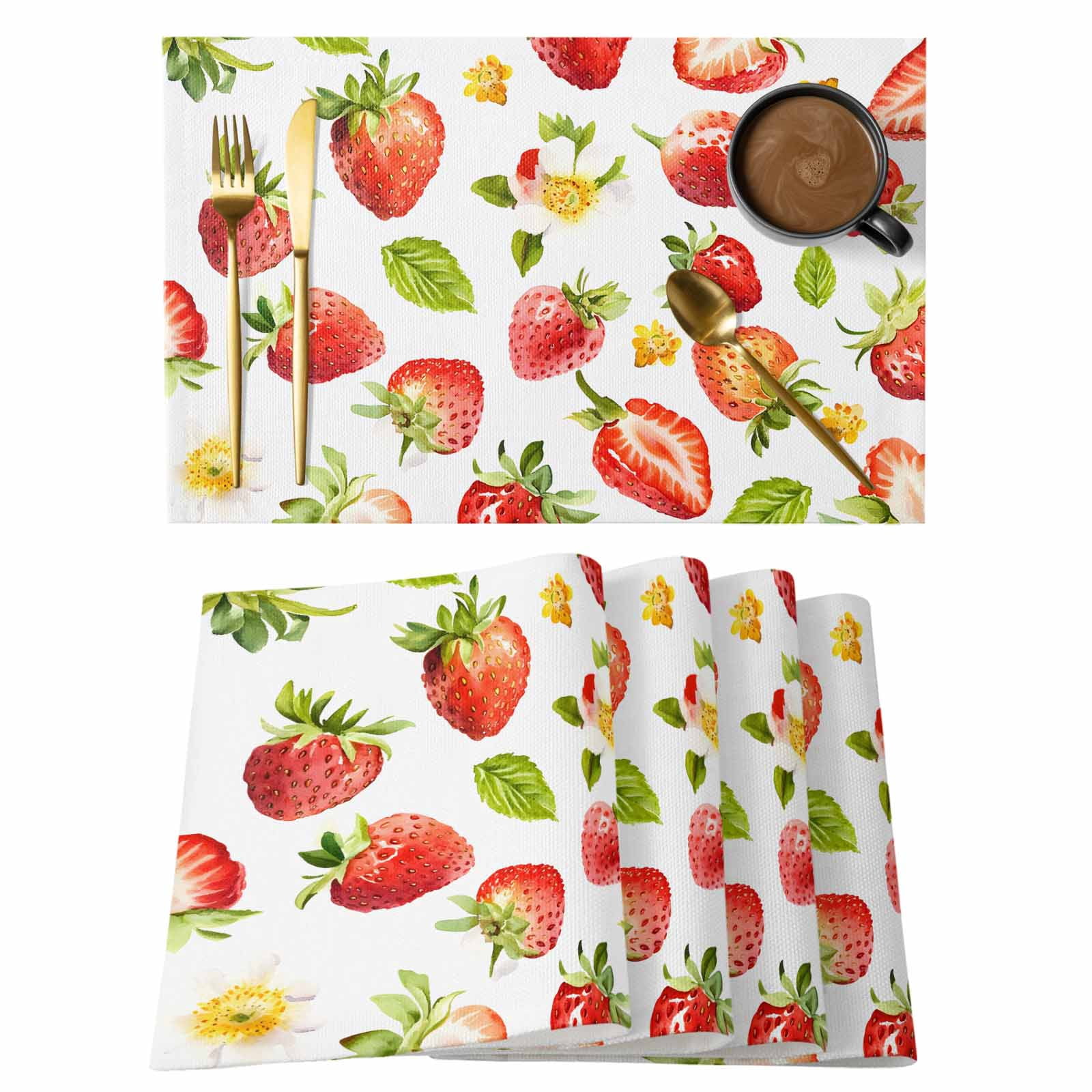 Strawberry Placemats Set of 8 Green Botanical Red Summer Fruits Place ...