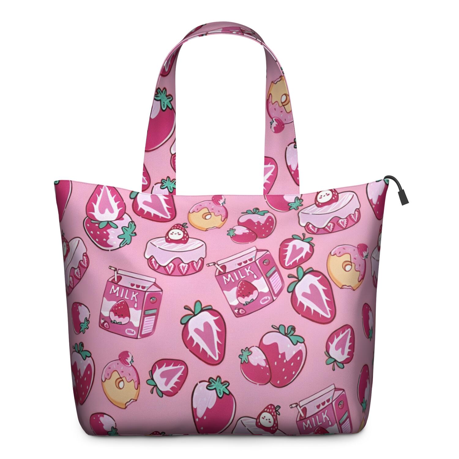Strawberry Plants Fruit Dessert Milk Pink Pattern Travel Tote Bags for ...