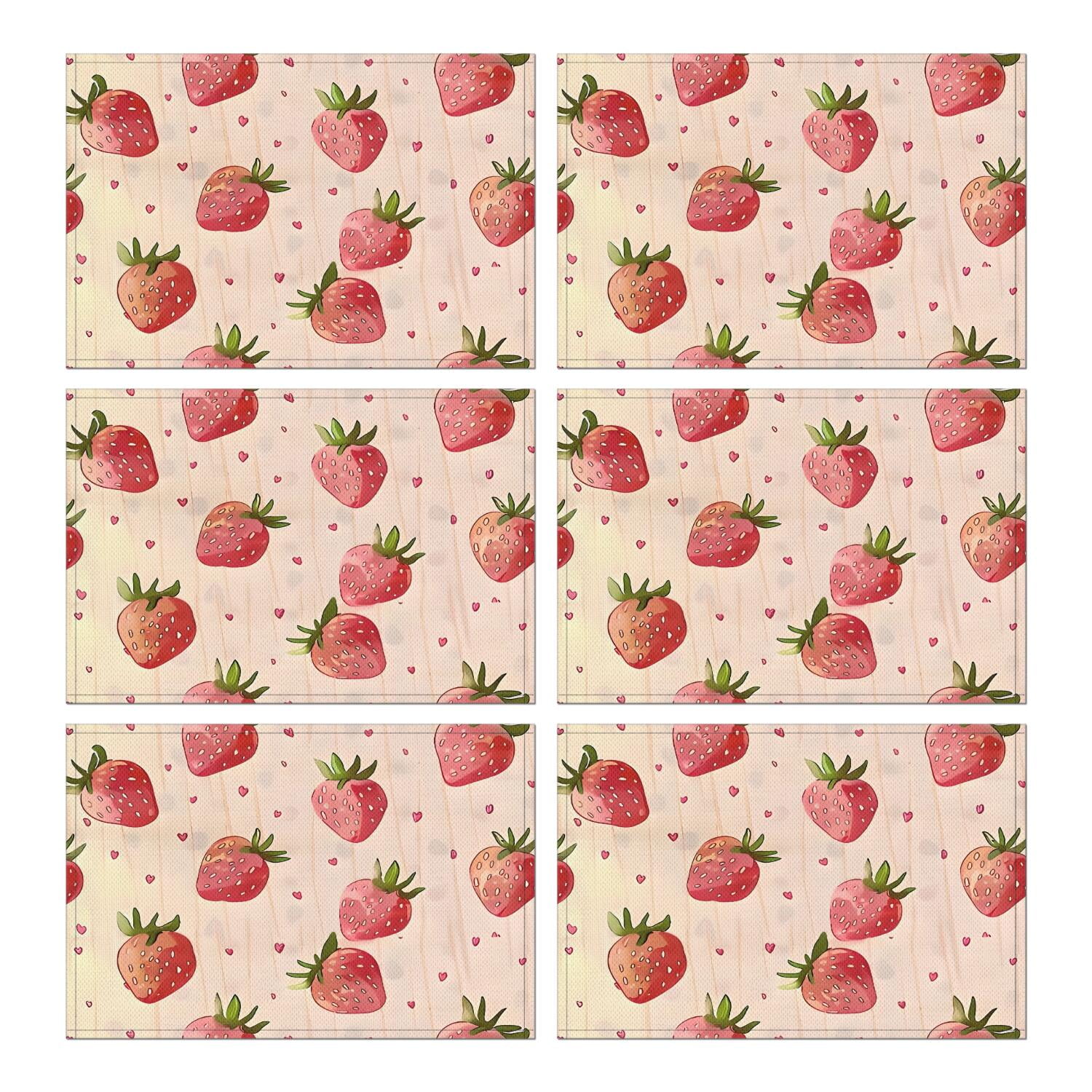 Strawberry Plants Fruit Heart Beige Pattern Summer Placemats Table ...