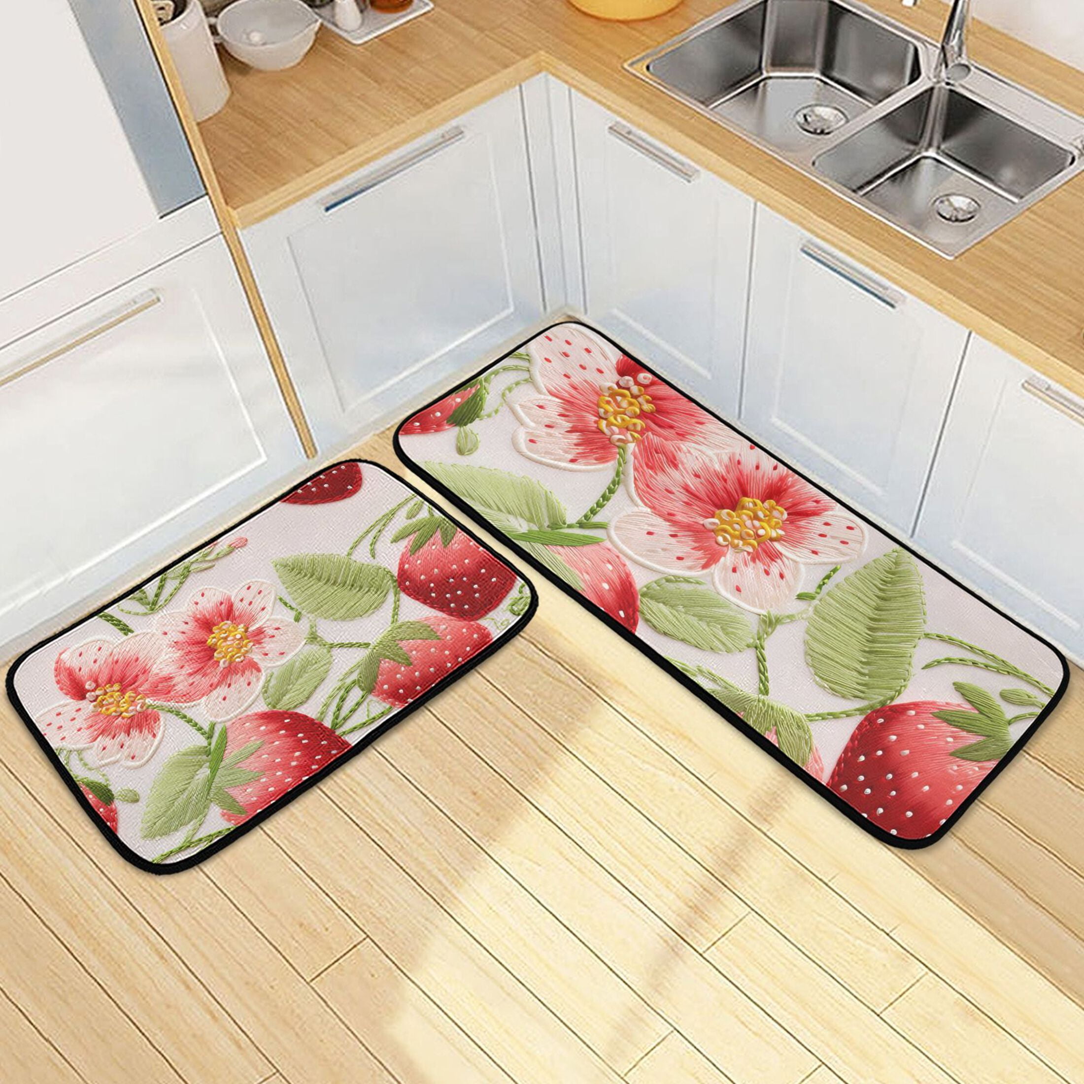 Strawberry Plants Kitchen Rugs Set of 2 Non Slip Floor Foam Mat ...