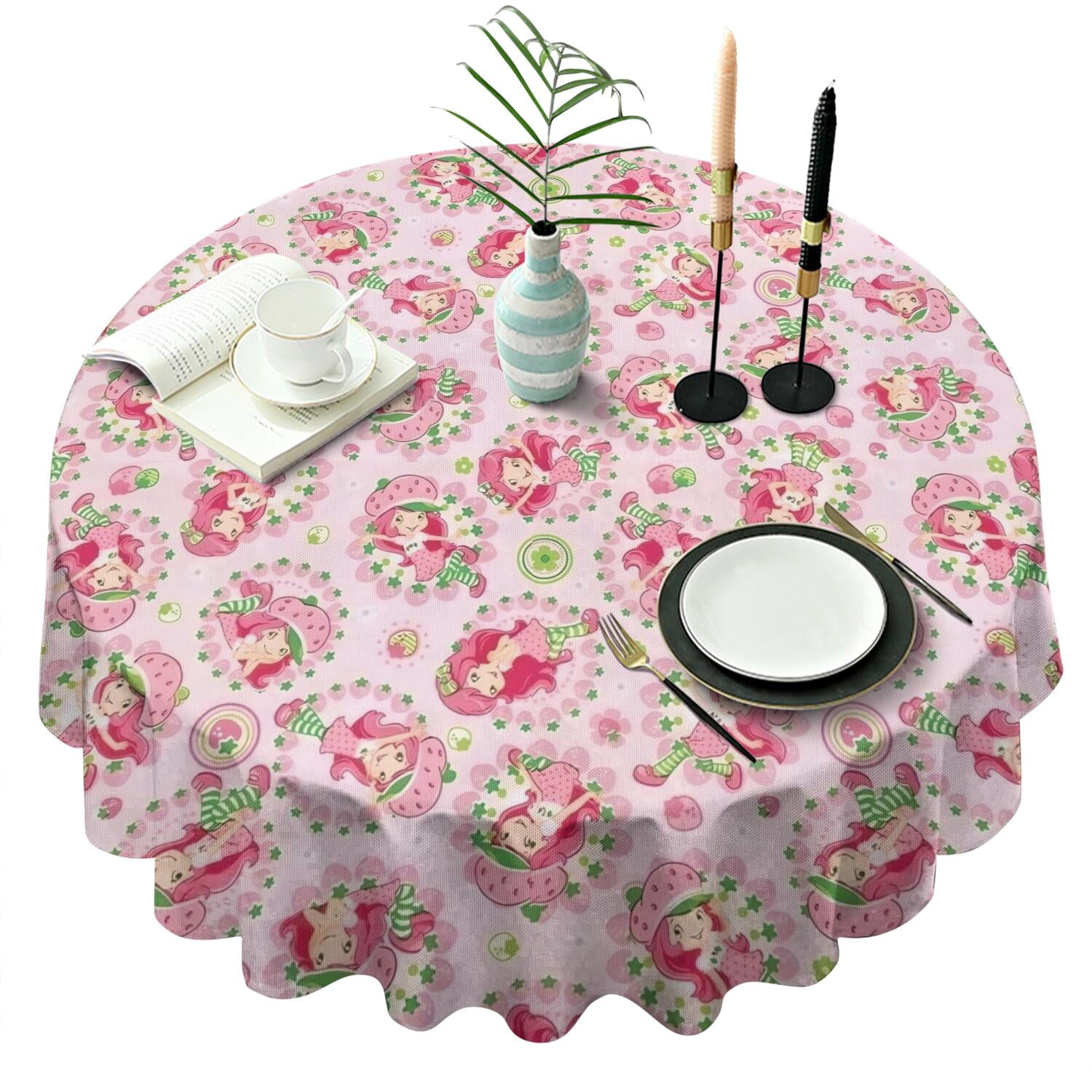 Strawberry Princess Pattern Round Tablecloth 60"x60",Wrinkle Wipeable ...
