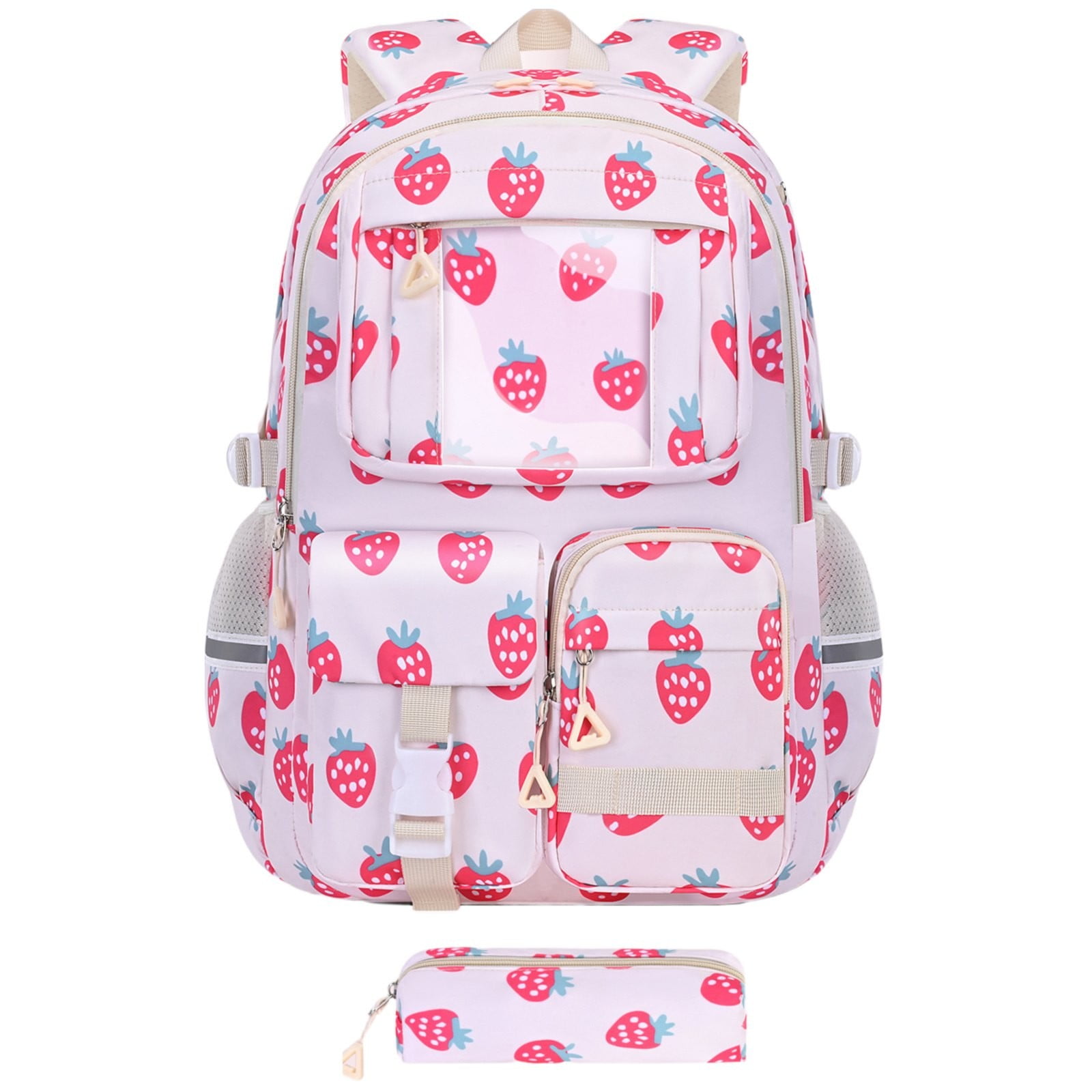 Strawberry Print Backpack Aesthetic Nylon Rucksack Cute Backpack Set ...