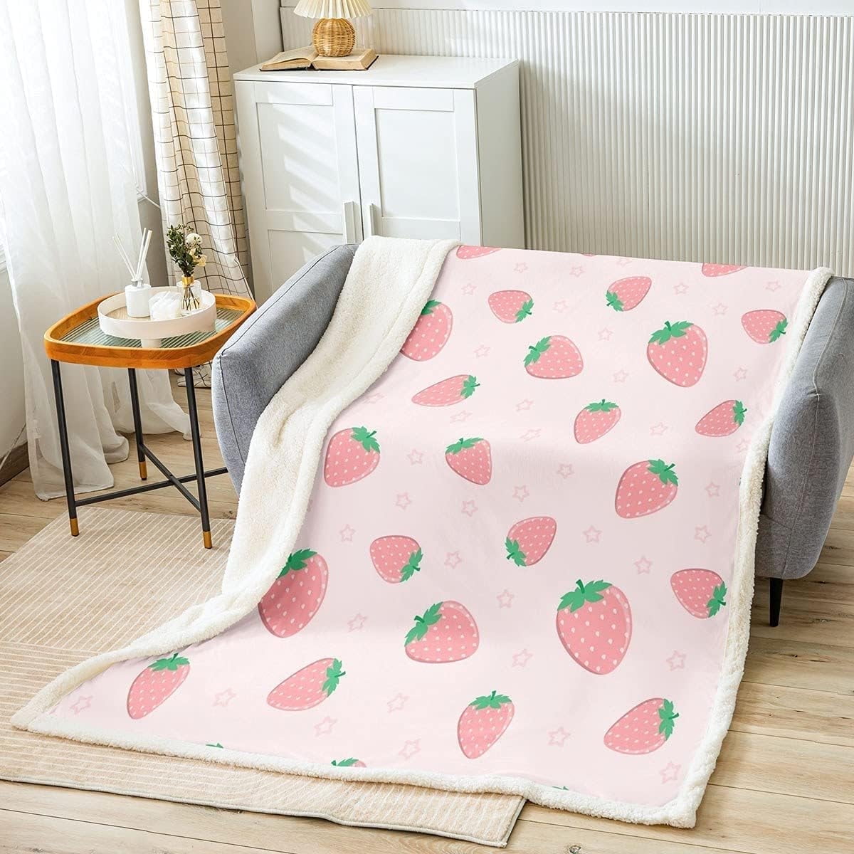Strawberry Print Fleece Blanket Kawaii Pink Strawberry Throw Blanket ...