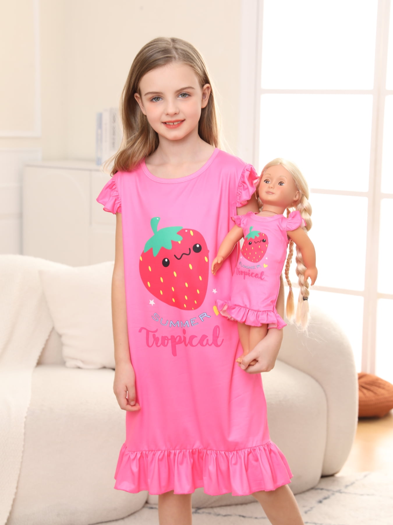 Strawberry Print Girls Dress - Soft & Cozy Dress with Matching 18-inch ...