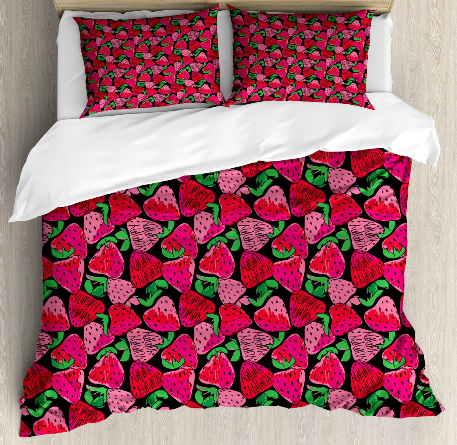 Strawberry Queen Size Duvet Cover Set, Hand-Drawn Colorful Sketch ...