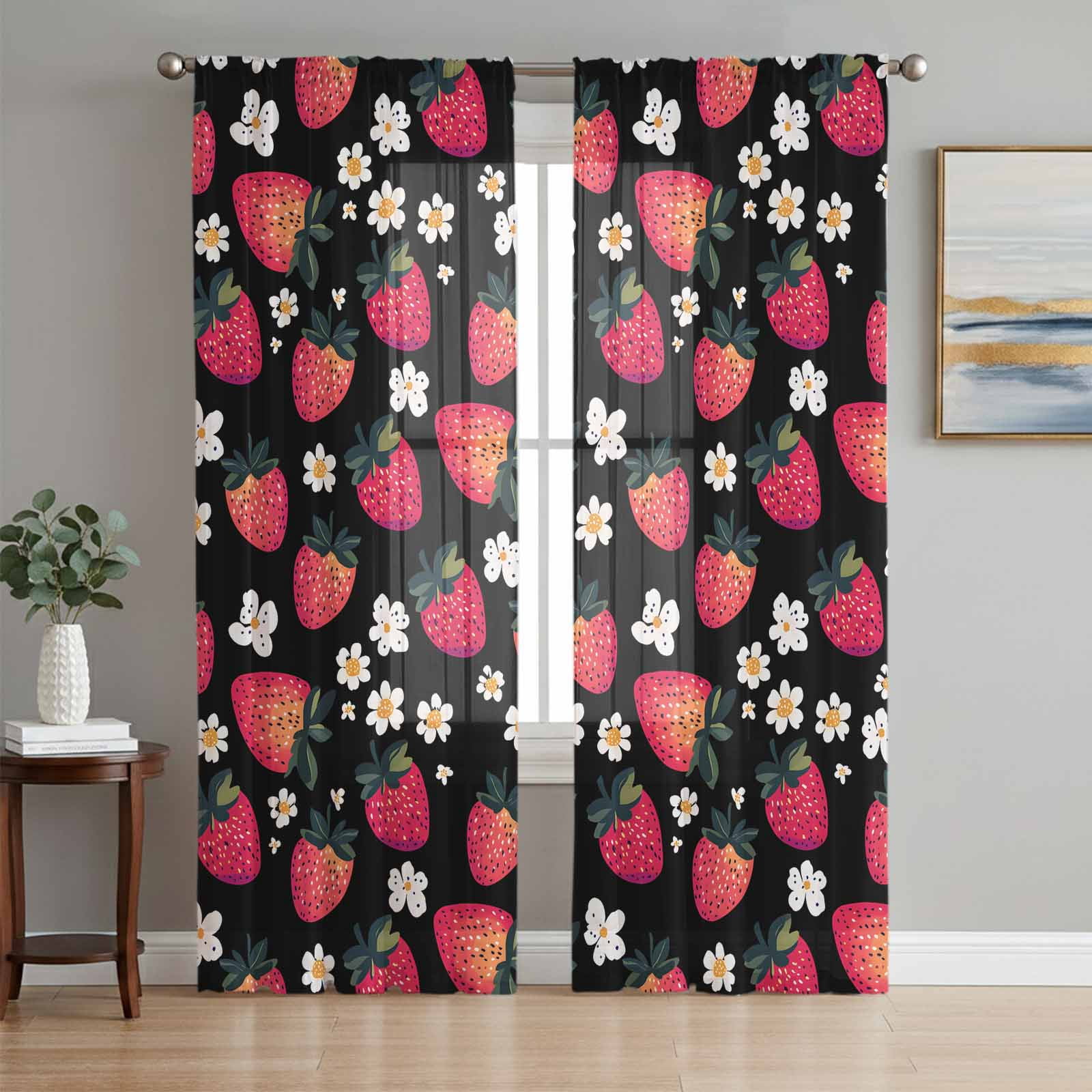 Strawberry Sheer Curtains 72 Inch Length 2 Panels Set, Black Spring ...