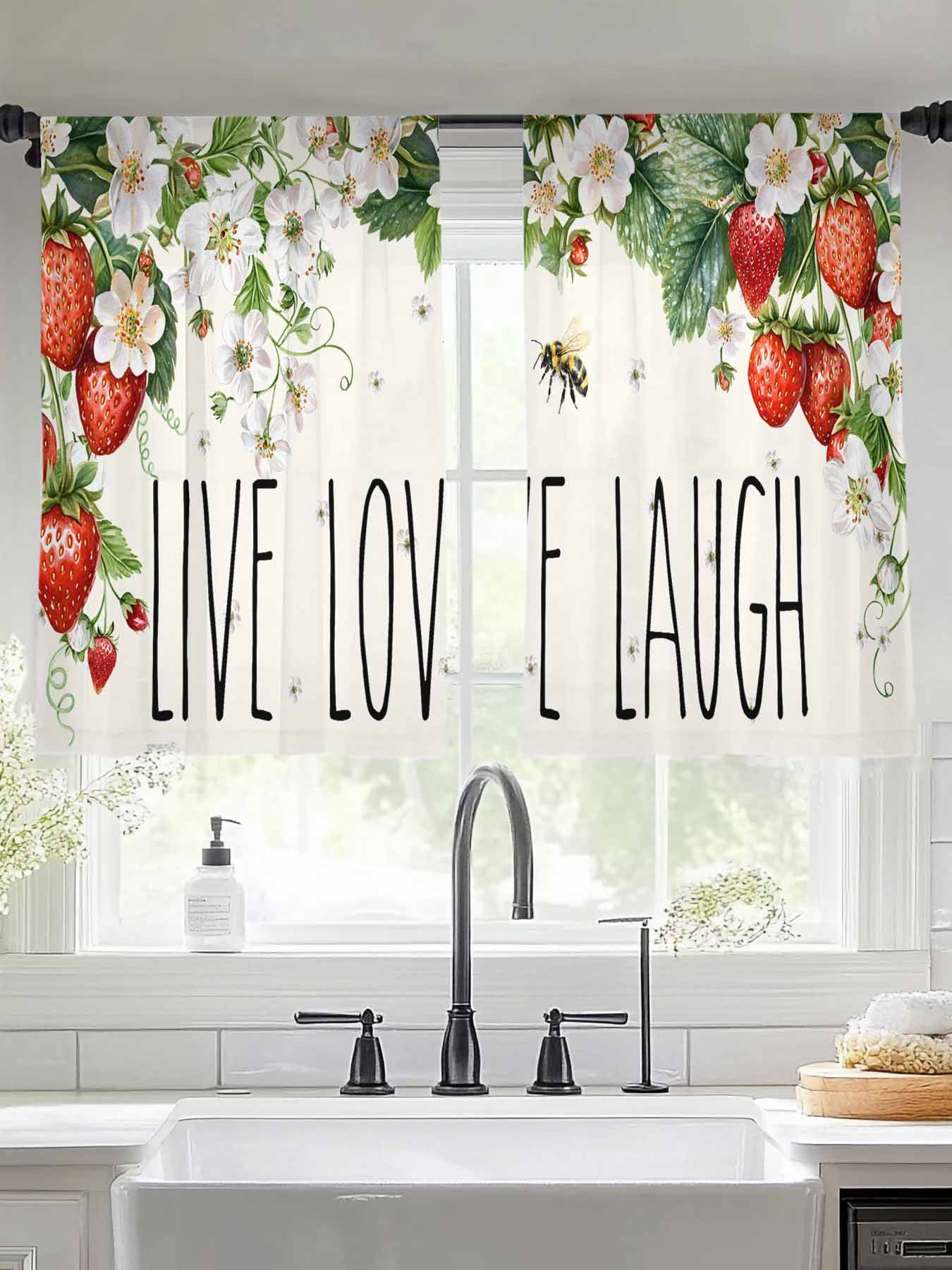 Strawberry Sheer Curtains for Living Room Bedroom Summer Fruits Bee ...