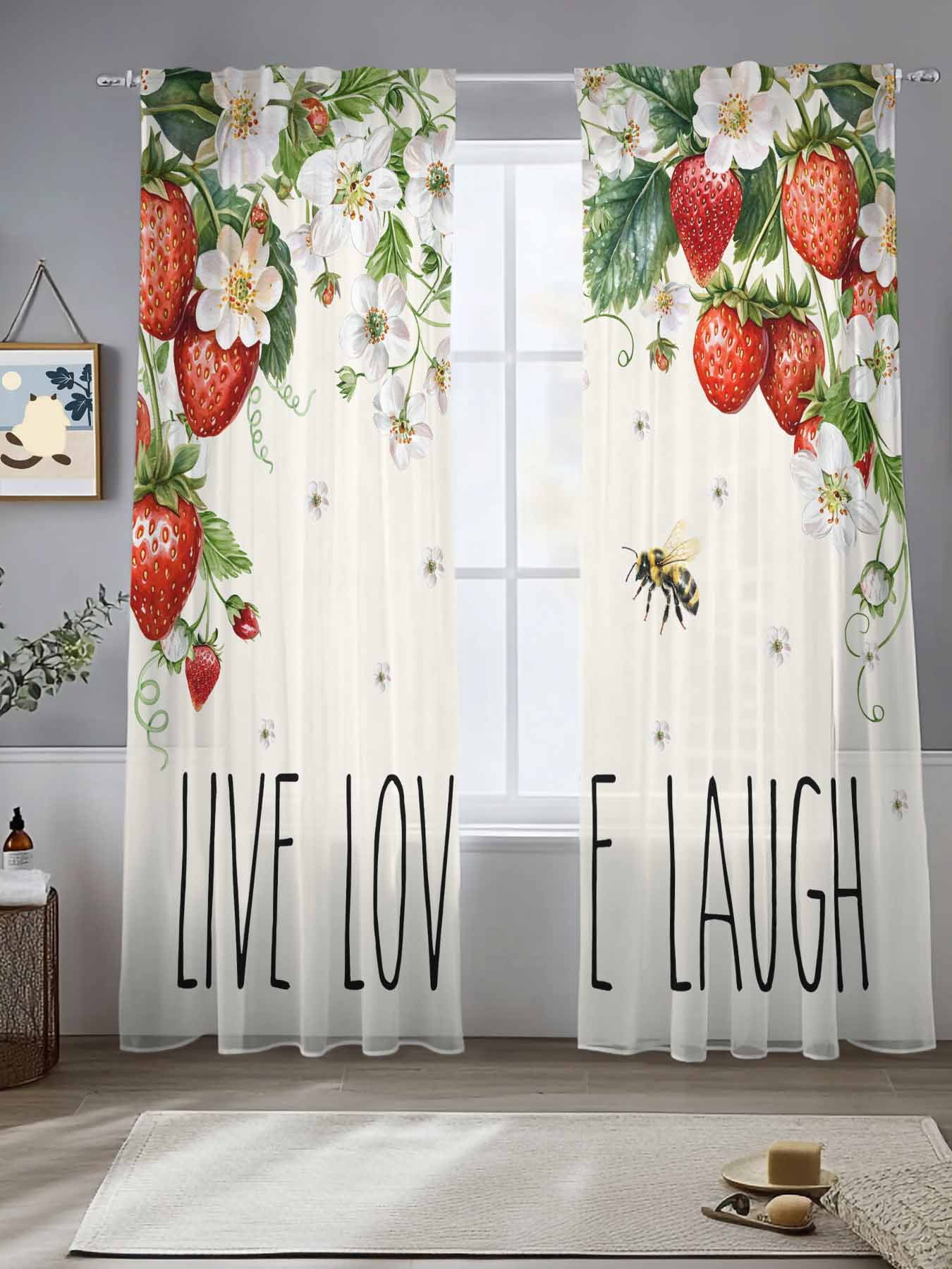 Strawberry Sheer Curtains for Living Room Bedroom Summer Fruits Bee ...