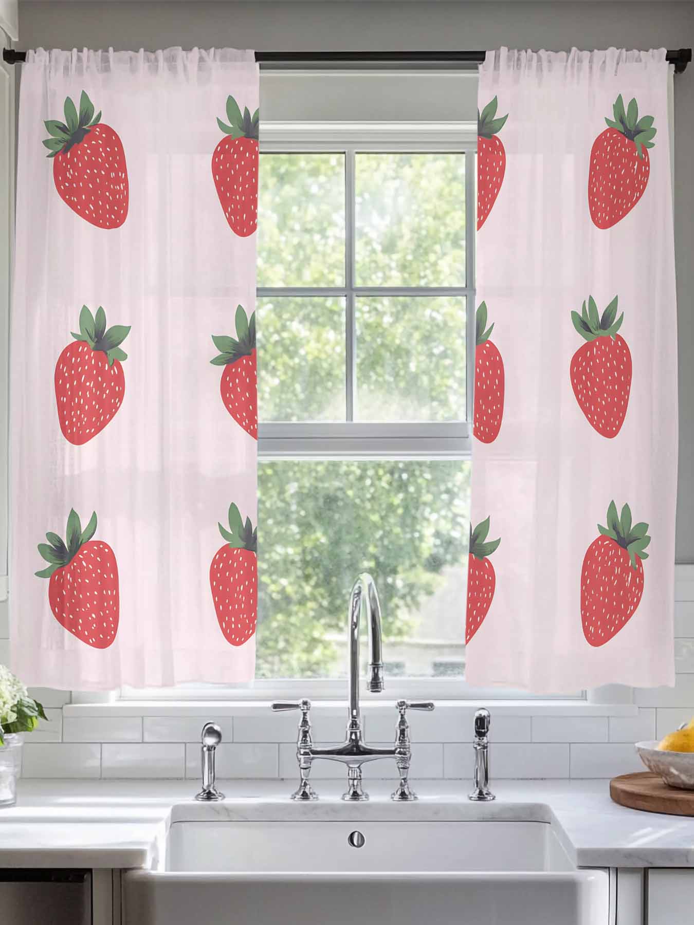 Strawberry Sheer Curtains for Living Room Bedroom Watercolor Red Pink ...