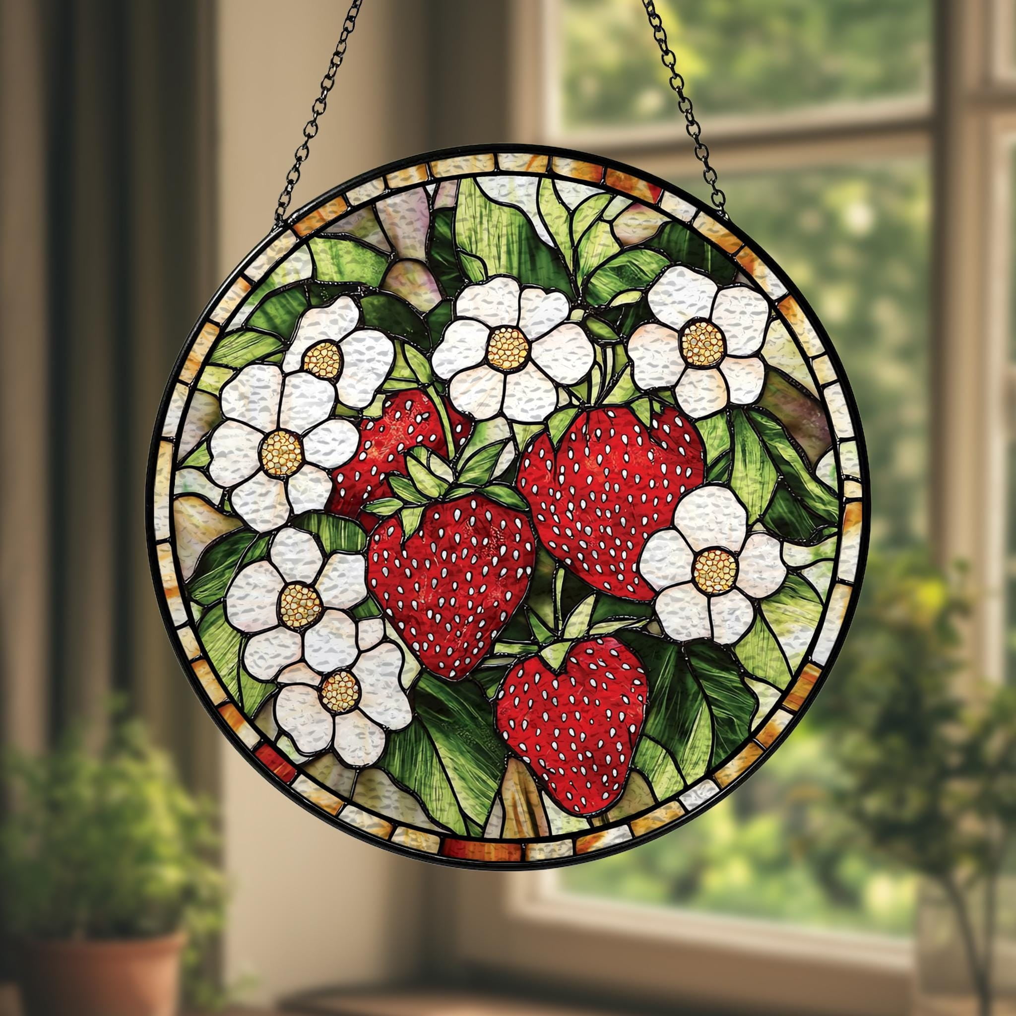 Strawberry Stained Glass Suncatcher Floral Garden Window Hanging ...