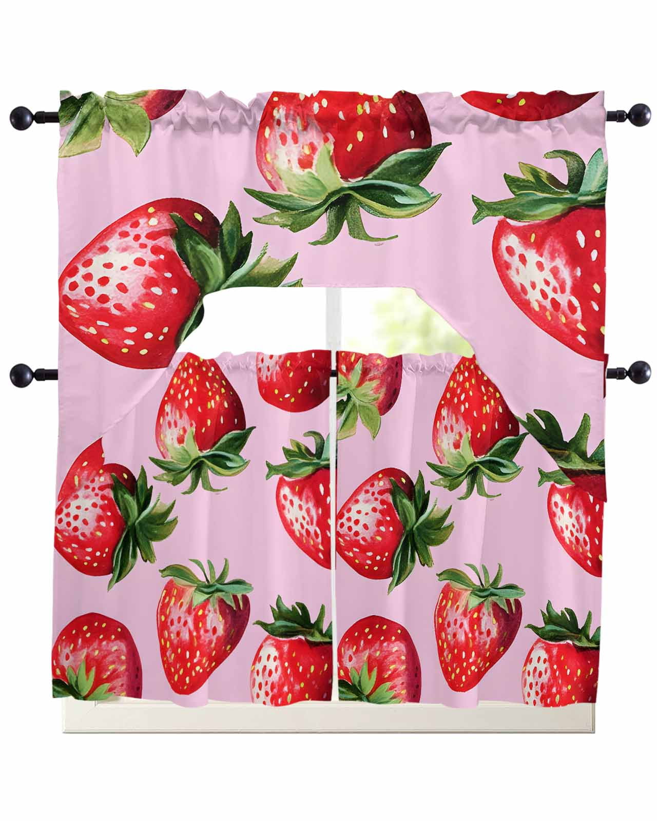 Strawberry Swag Valance and Tier Curtains Set Red Plant Fruit ...