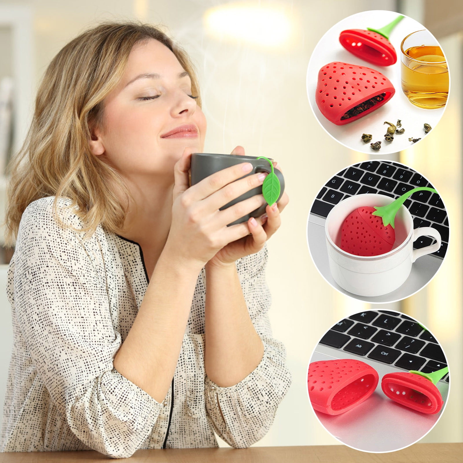 Strawberry Tea Infuser | Food Grade Silicone Leaf Handle | Green Herbal ...