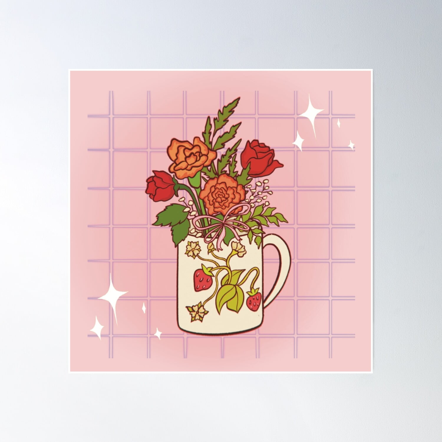 Strawberry Teacup Poster Wall Art, Modern Wall Decor, 30x30 UNFRAMED ...