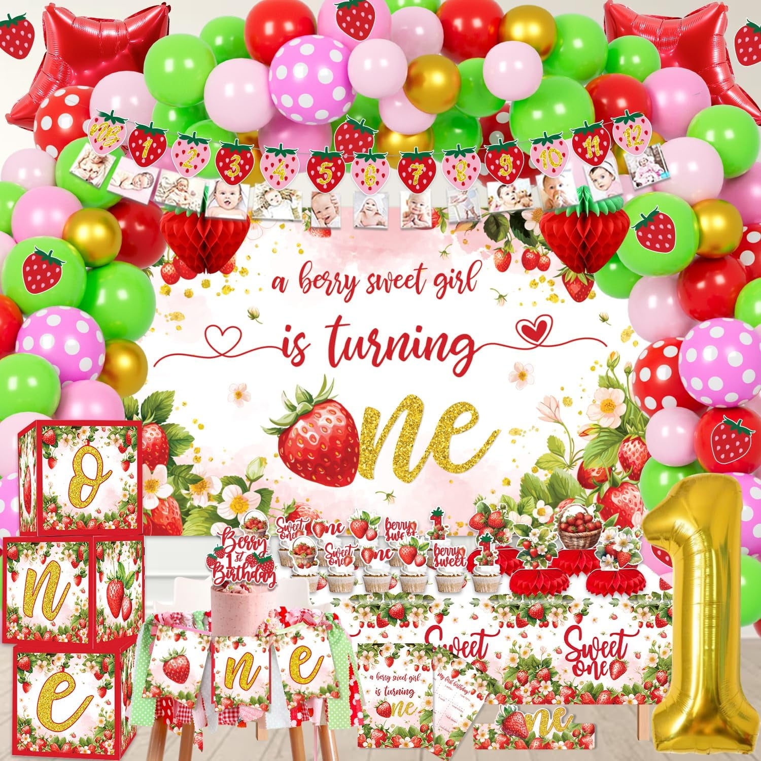 Strawberry Themed Baby Girl's First Birthday Party Decoration Set ...