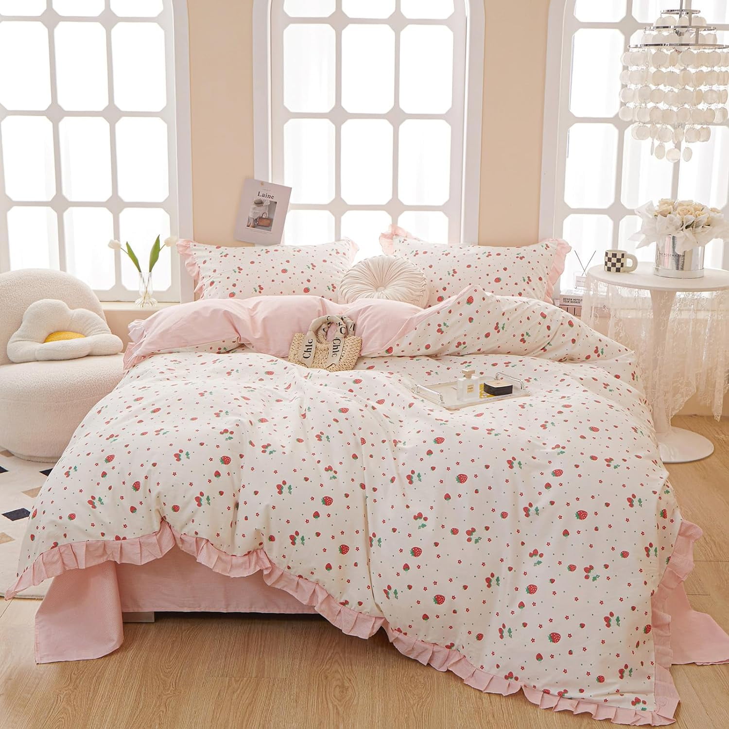 Strawberry Twin Size Duvet Cover Pink Ruffle Aesthetic Comforter Cover