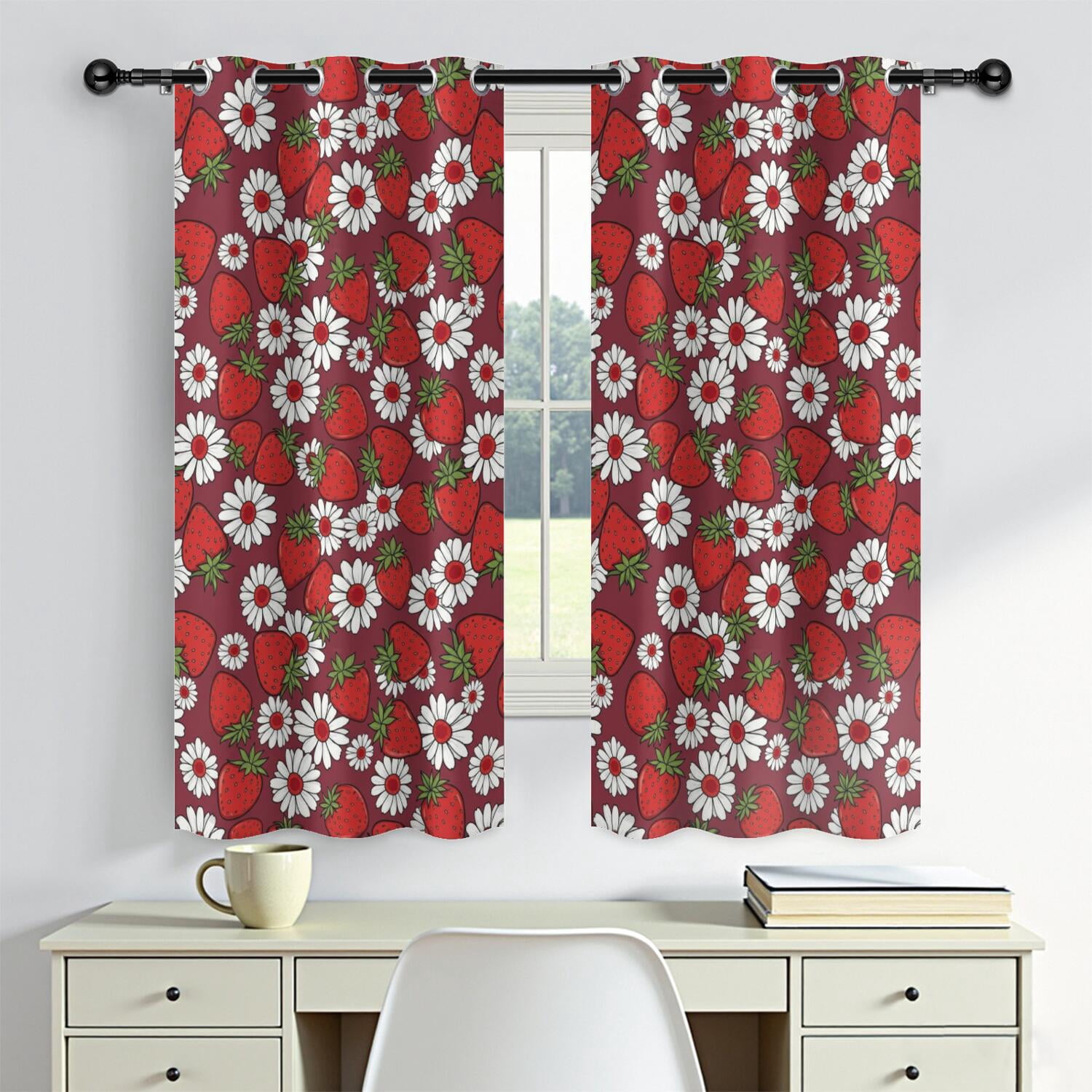 Strawberry and Daisy Red Pattern Blackout Curtains,Triple Weaved Fabric ...