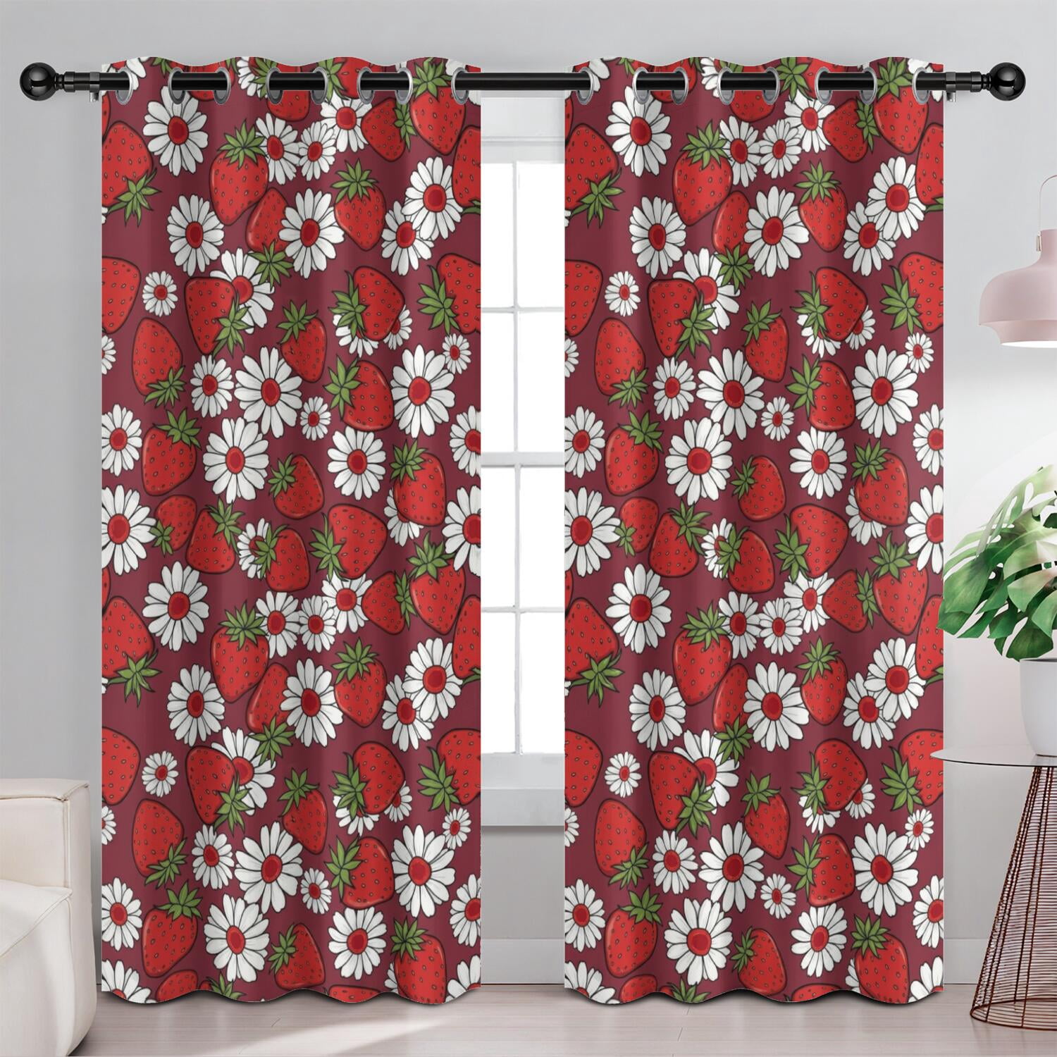 Strawberry and Daisy Red Pattern Blackout Curtains,Triple Weaved Fabric ...