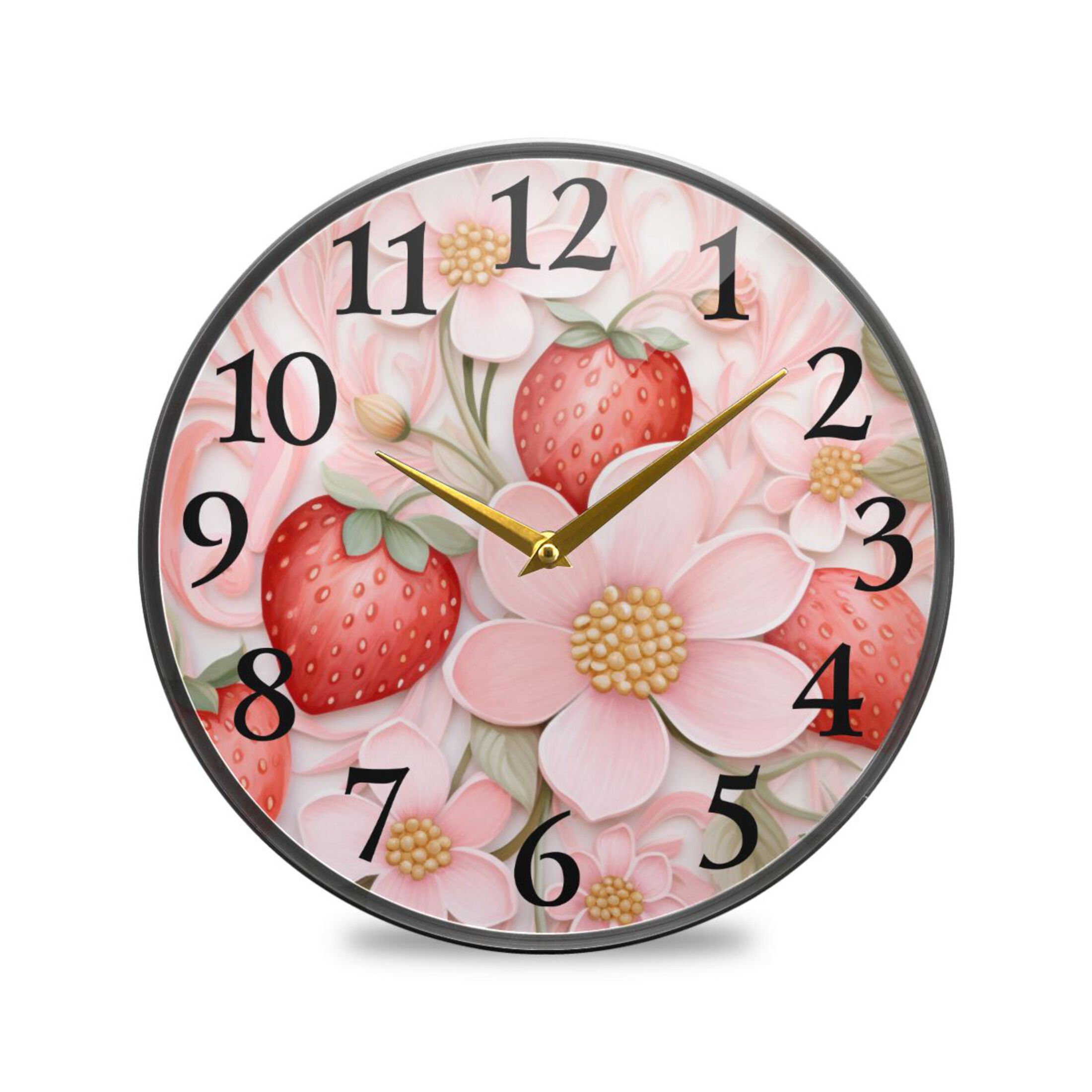 Strawberry and Floral Wall Clocks Battery Operated 9.5 Inch Round Clock ...