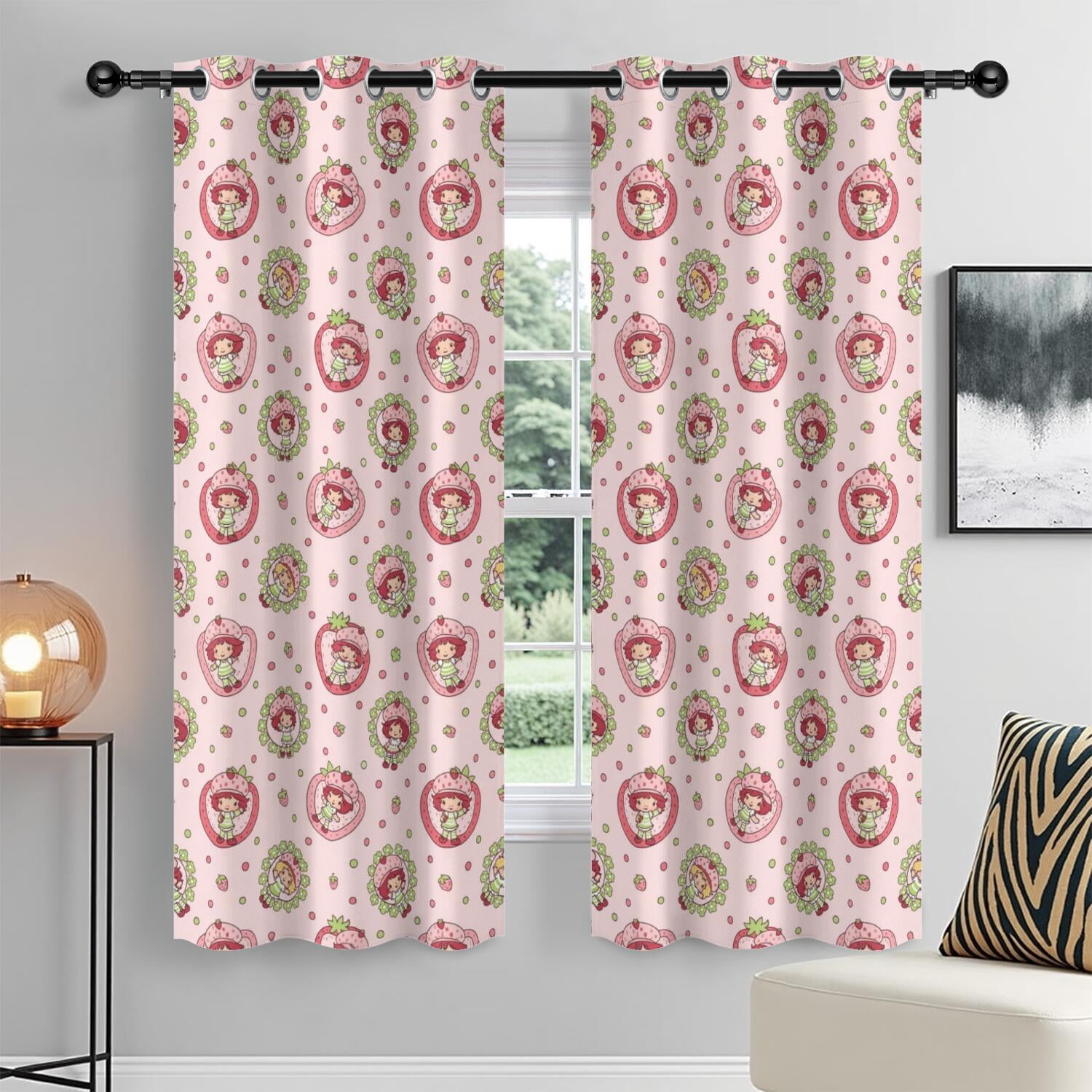 Strawberry and Girl Pink Pattern Blackout Curtains,Triple Weaved Fabric ...