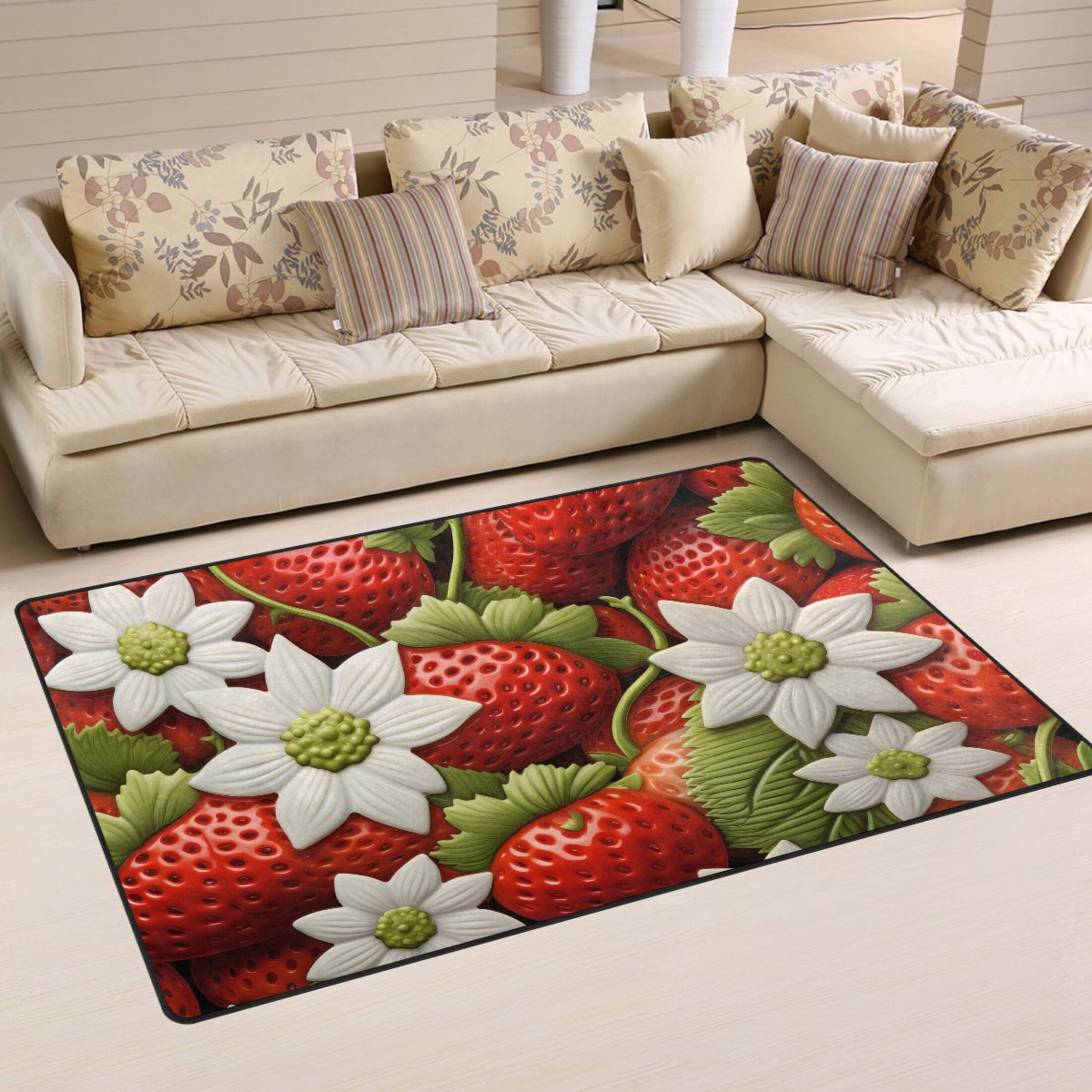 Strawberry with Flowers Area Floor Mats Non-Slip Rugs Soft Doormat 60 x ...