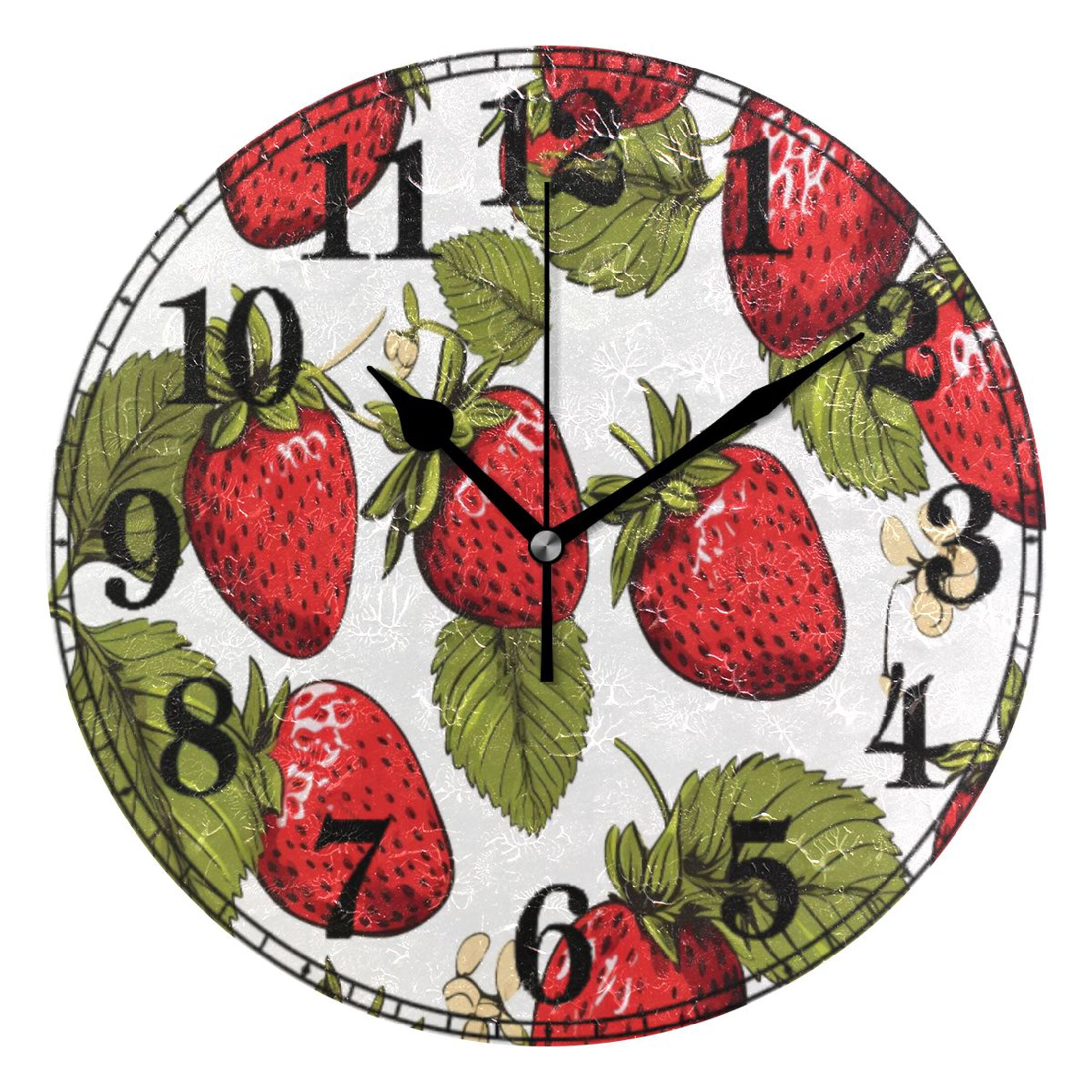 Strawberry with Leaves 10" Silent Wall Clock Non-Ticking Battery Clocks ...