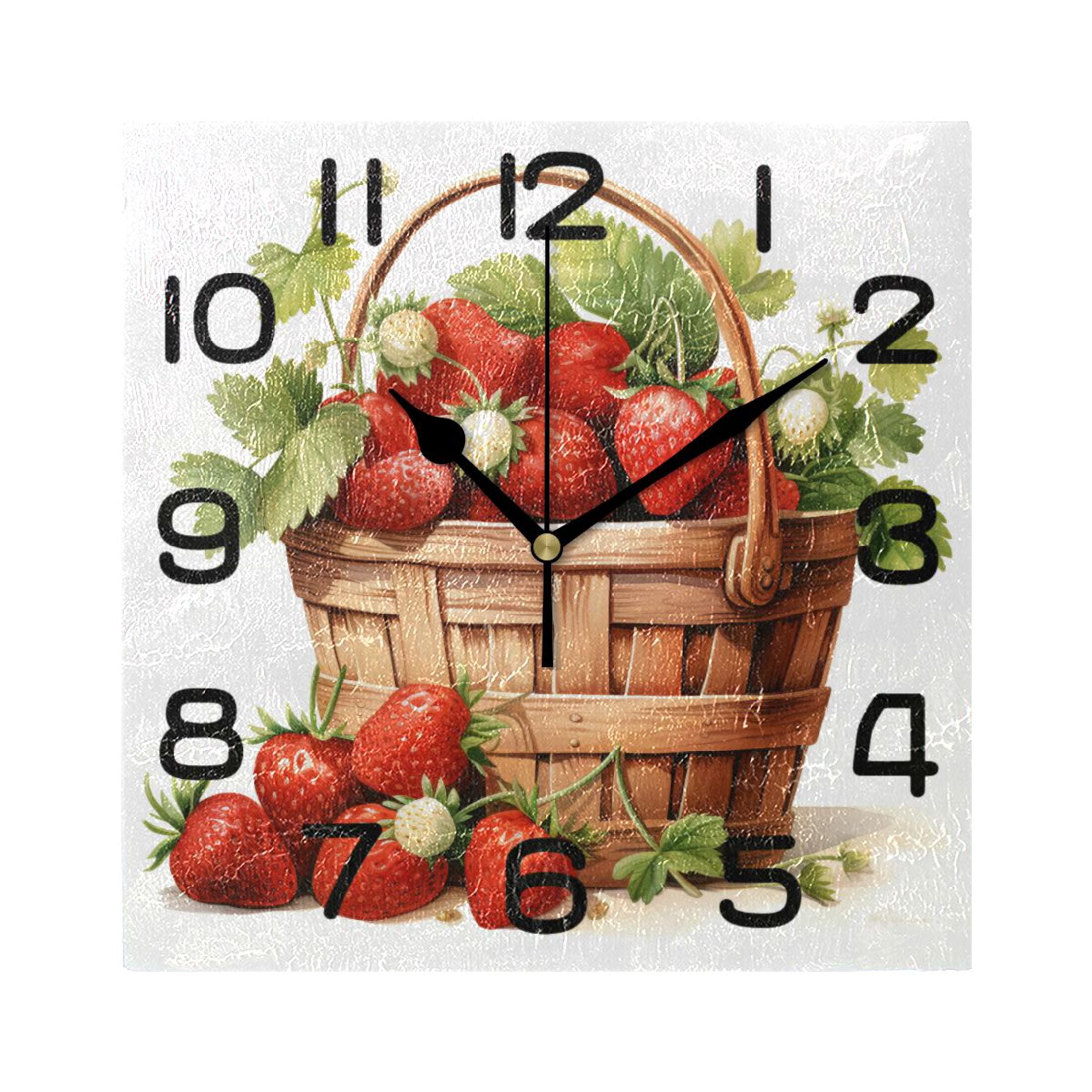 Strawberry with Leaves Wall Clock Square Silent Non-Ticking Battery ...